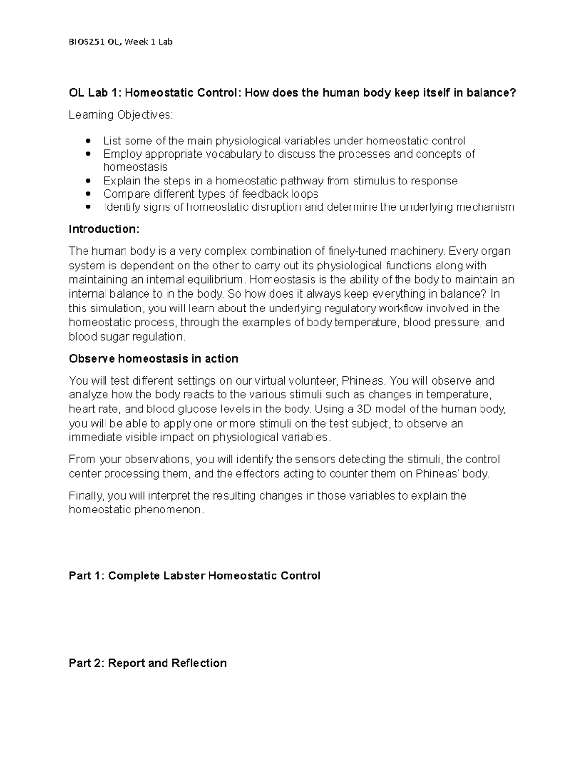 Week1 Homeostasis Lab - OL Lab 1: Homeostatic Control: How does the ...