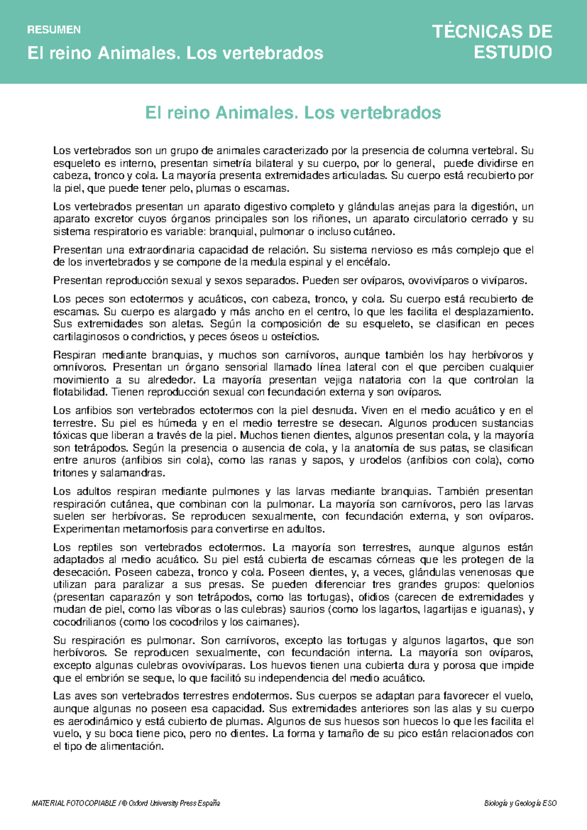 Biologia 1º ESO GENIOX Tema Vertebrados - RESUMEN El reino Animales. Los vertebrados TÉCNICAS DE ...