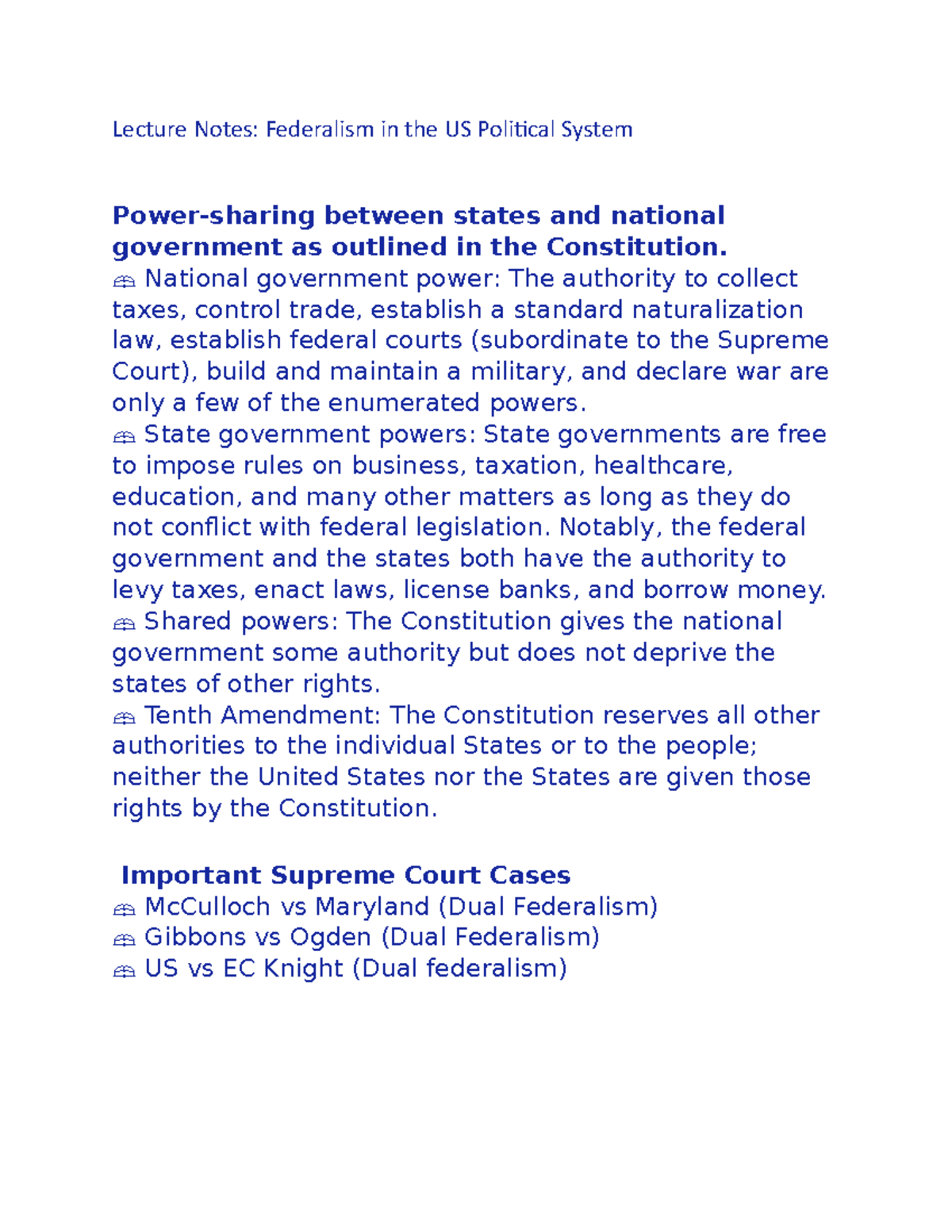 Federalism in the US Political System - Lecture Notes: Federalism in ...