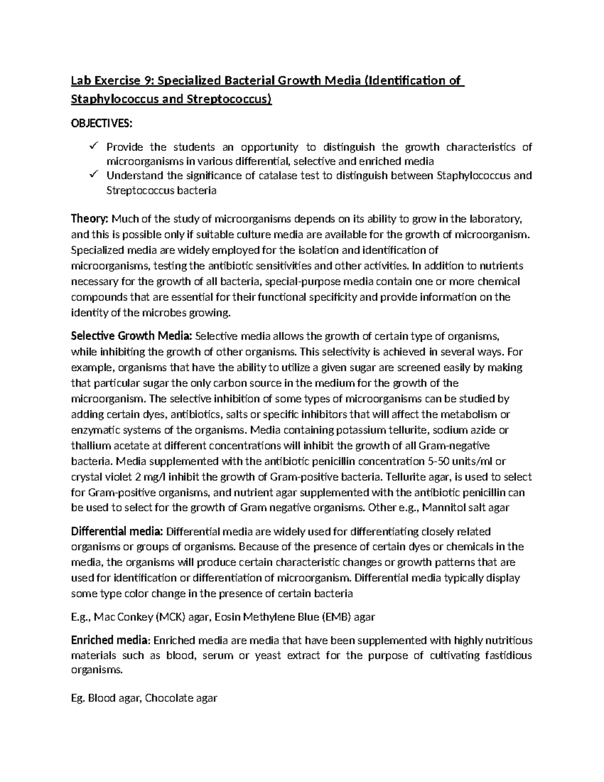 Staph Strep Identification Document 2 - Lab Exercise 9: Specialized ...
