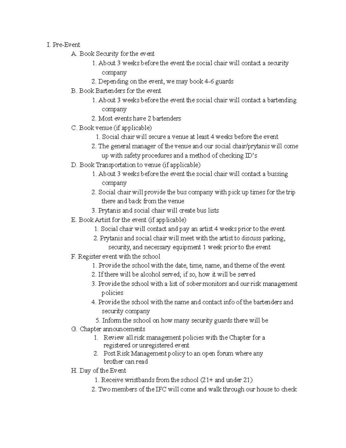 Social Event Outline - Practice - I. Pre-Event A. Book Security for the ...
