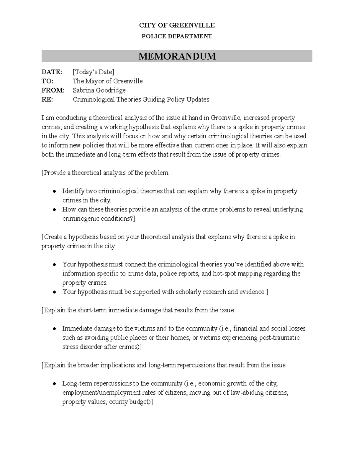 CJ 306 Project Two Memo Template - CITY OF GREENVILLE POLICE DEPARTMENT ...