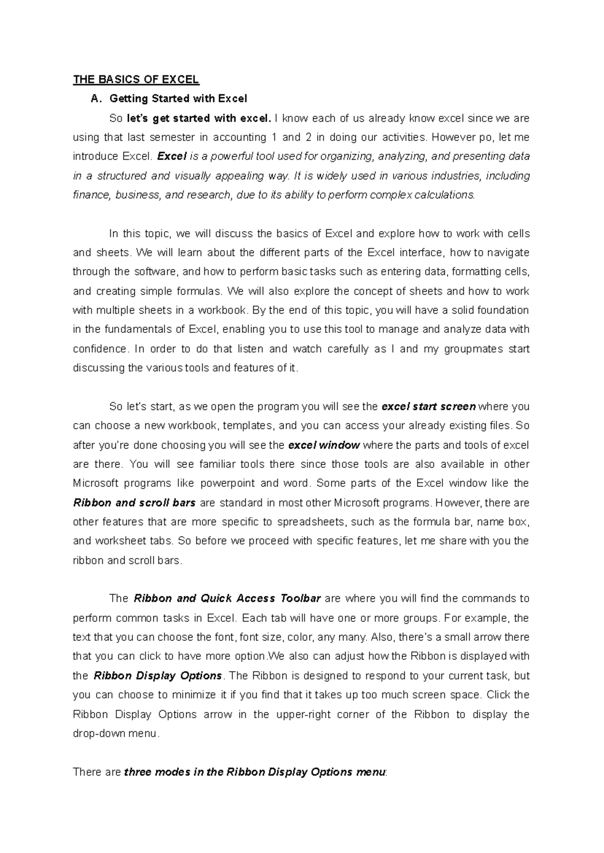 IT - Narrative Report - Lecture - THE BASICS OF EXCEL A. Getting ...