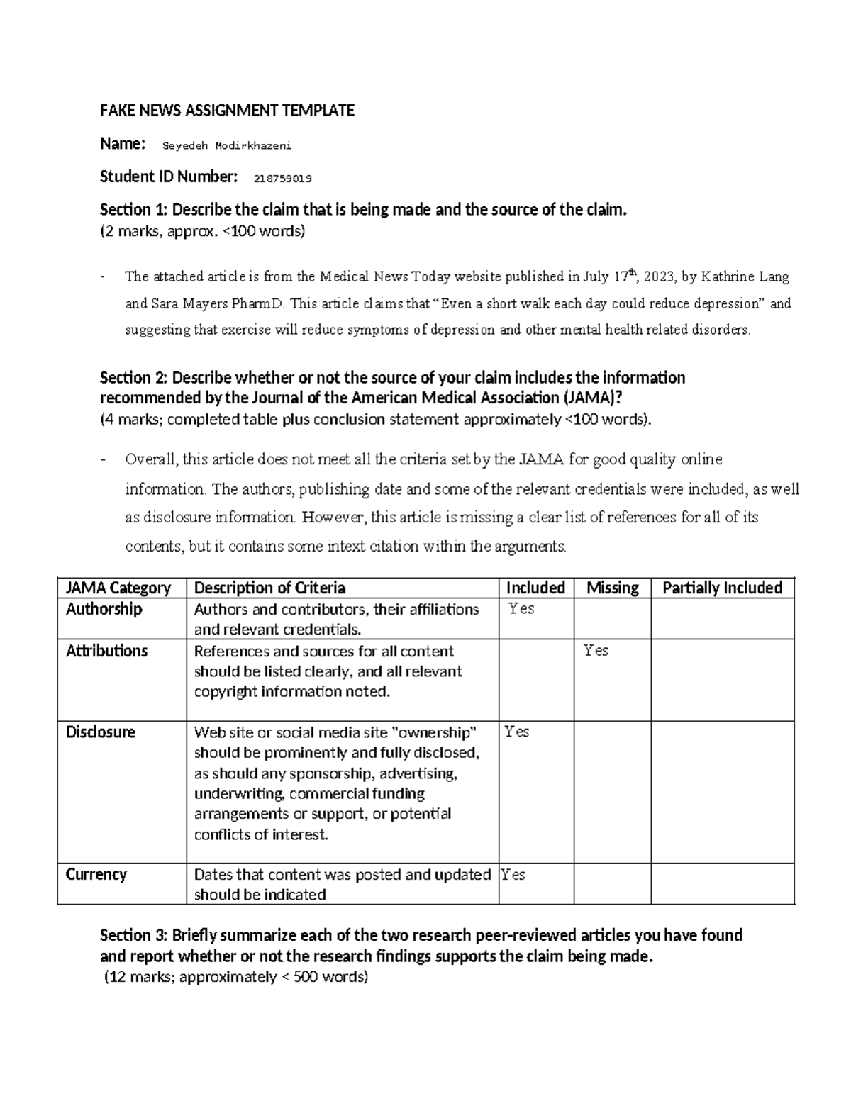 Final FAKE NEWS template - FAKE NEWS ASSIGNMENT TEMPLATE Name: Student ...
