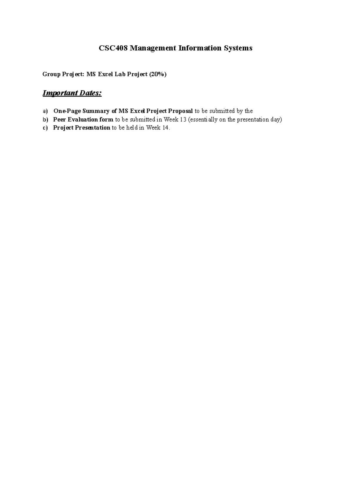 CSC408 MS Excel ONE PAGE Proposal - CSC408 Management Information ...