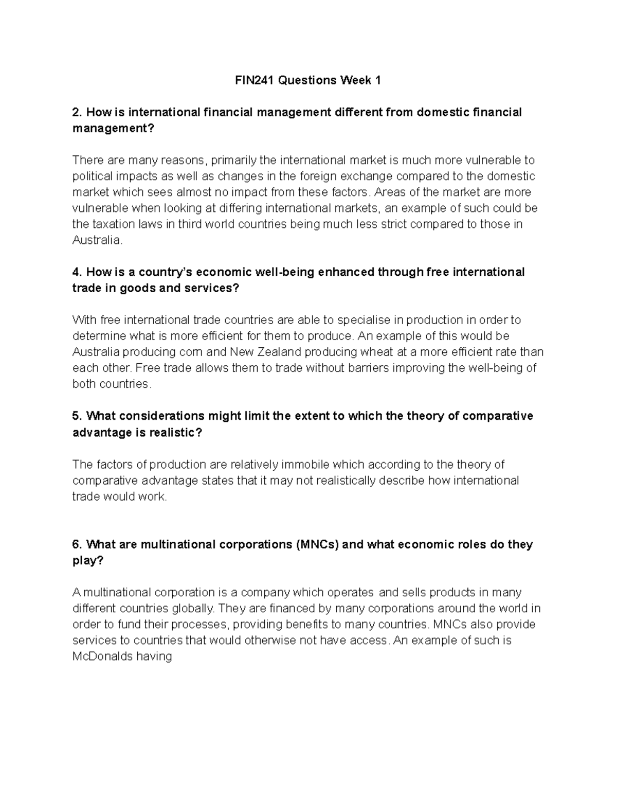 FIN241 Questions Week 1 - How is international financial management ...