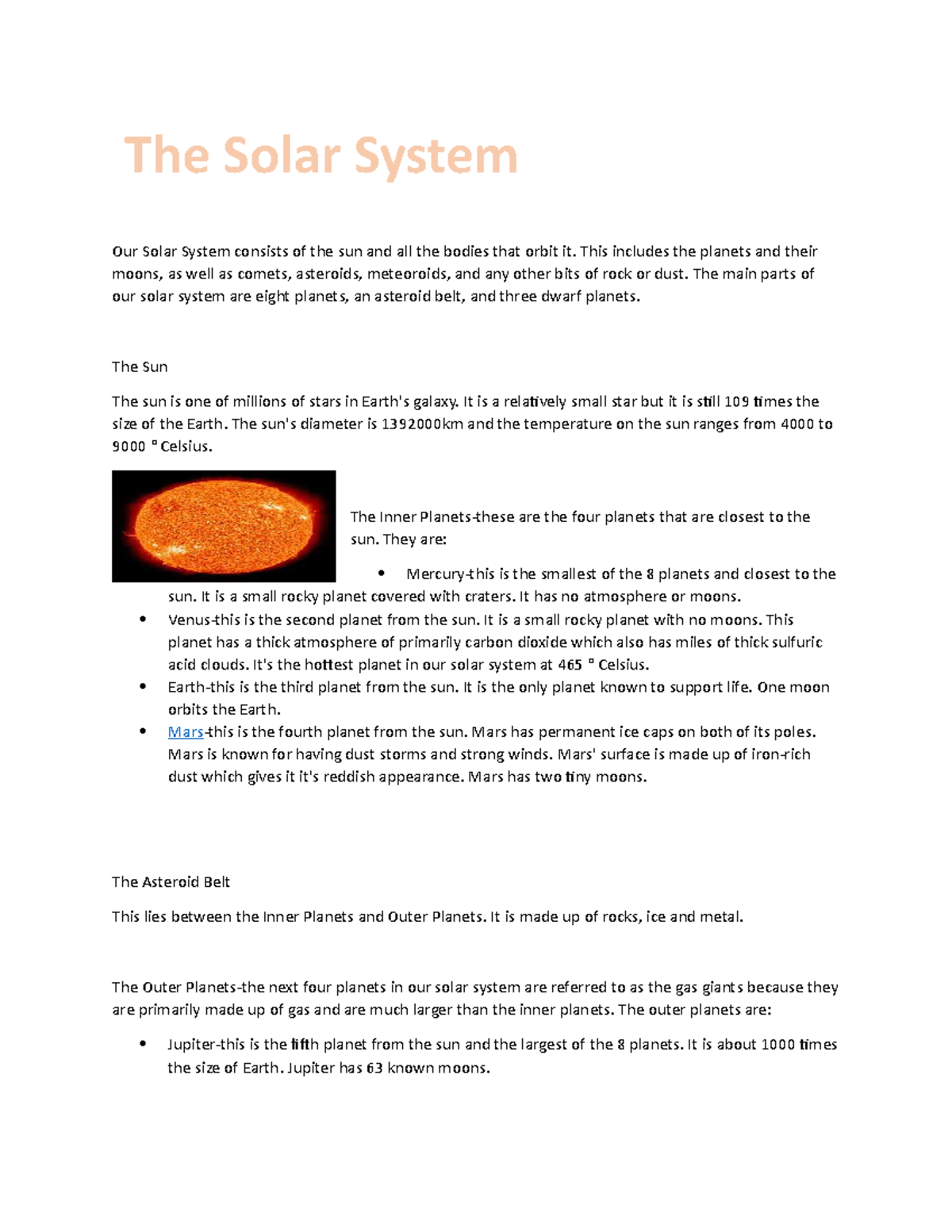 The Solar System 2 - word applications - Our Solar System consists of ...