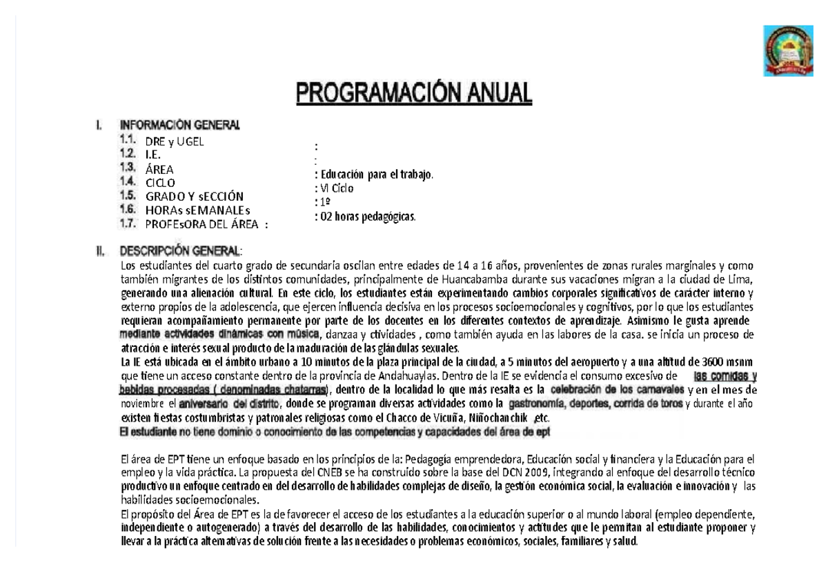 Pdf 3 programacion anual de ept - DRE y UGEL I. ÁREA CICLO GRADO Y sECCIÓN HORAs sEMANALEs ...