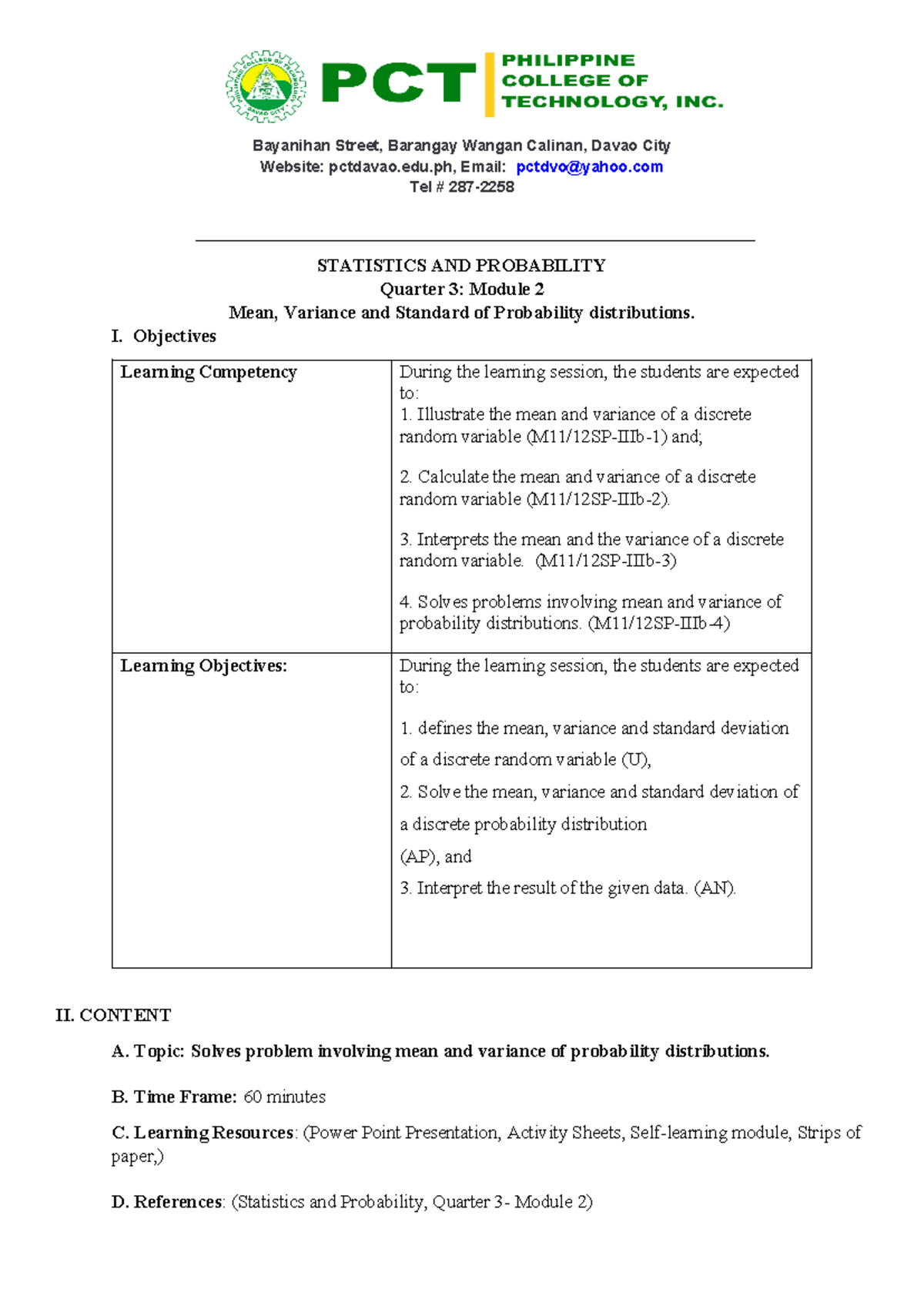 Stat and prob Lesson Plan 1 - Website: pctdavao.edu, Email: pctdvo ...