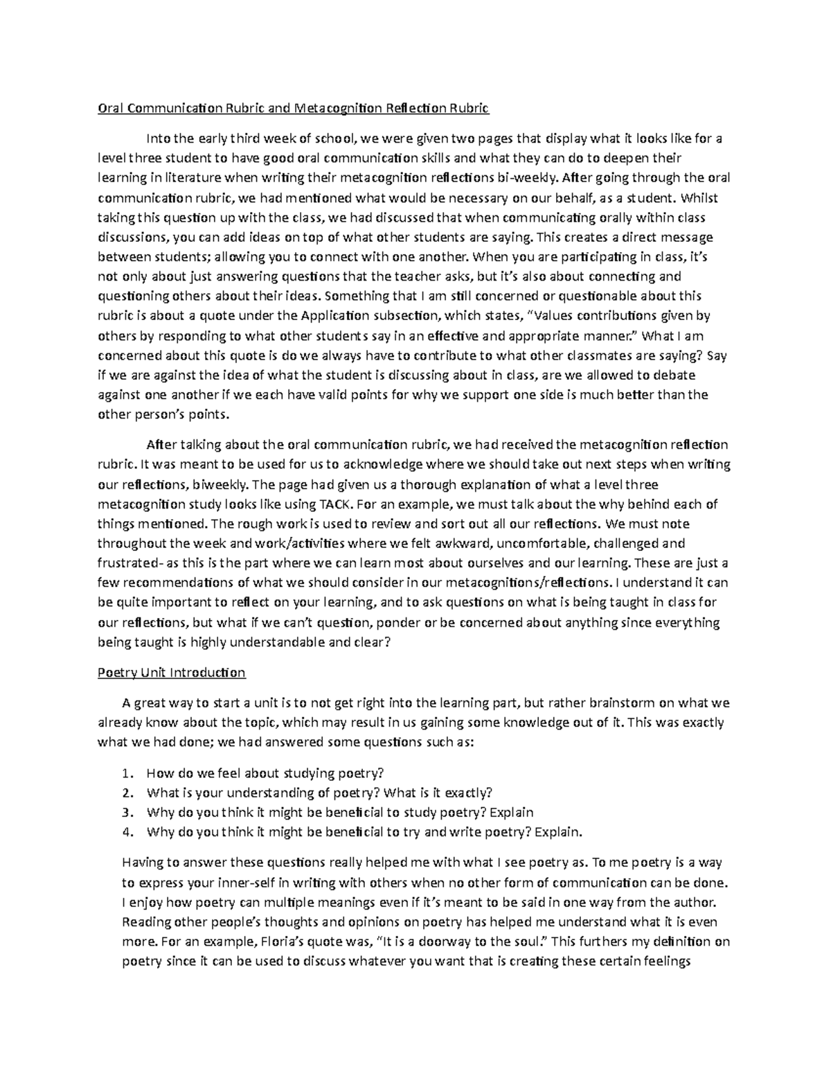 Metacognition Number Two Rough 2 - Oral Communication Rubric and ...