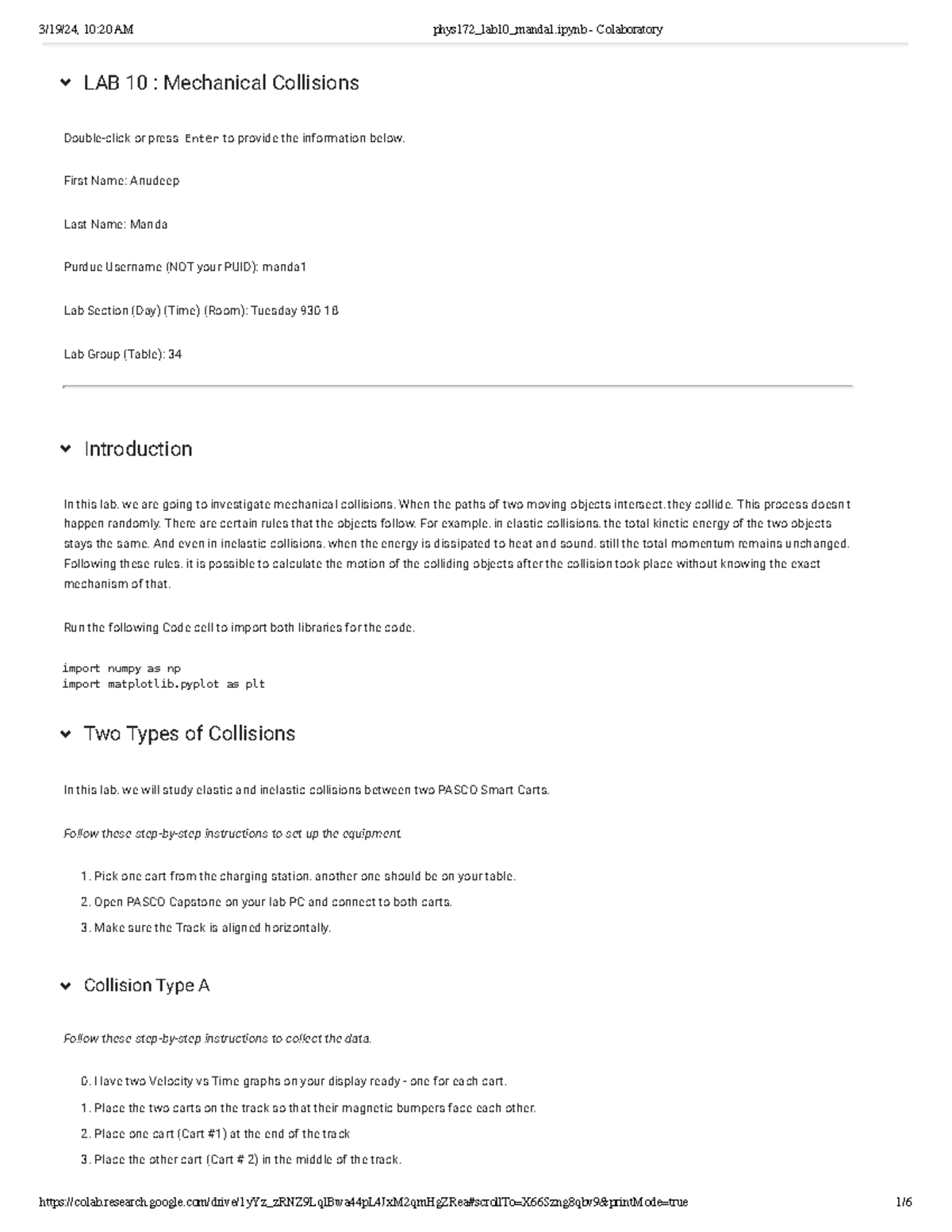 Phys172 lab10 manda 1.ipynb - Colaboratory - LAB 10 : Mechanical Collisions Double-click or ...