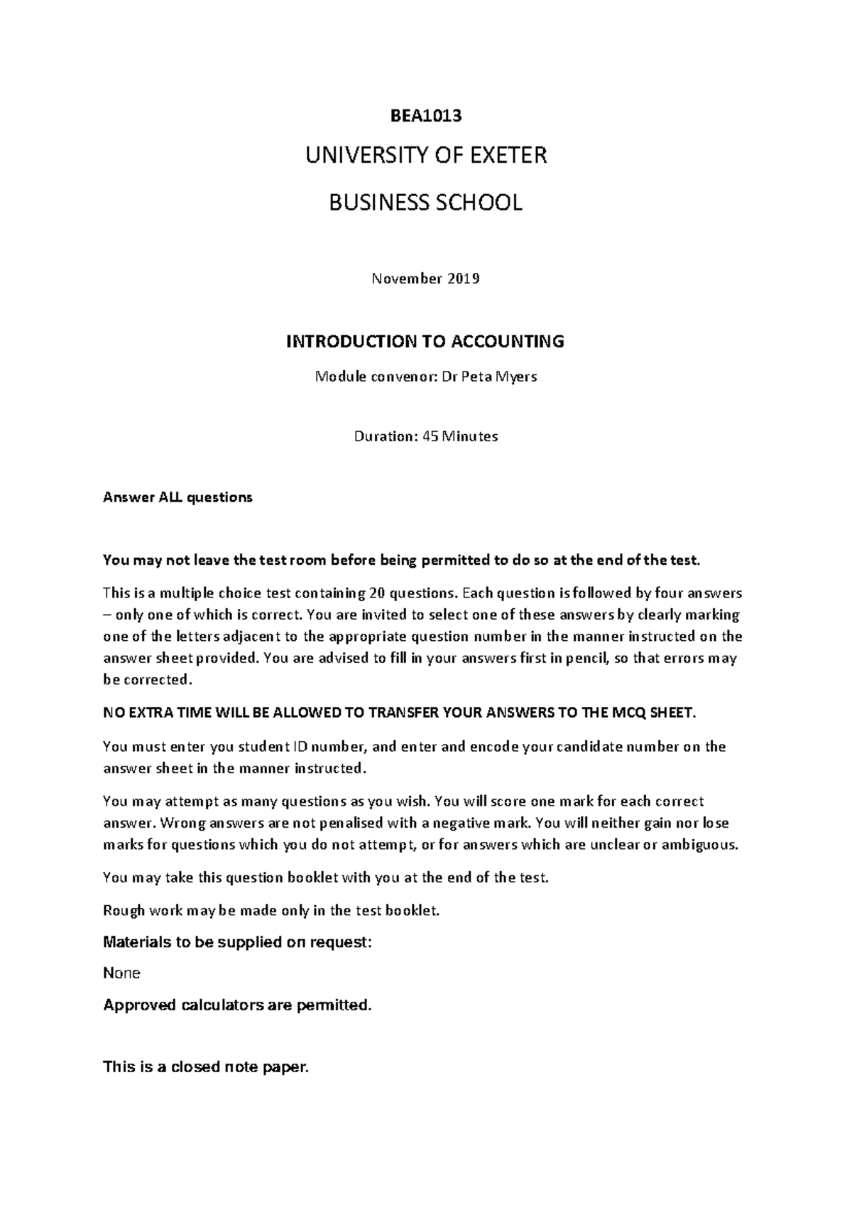 2019 Test QS - past paper for practicing - BEA UNIVERSITY OF EXETER ...