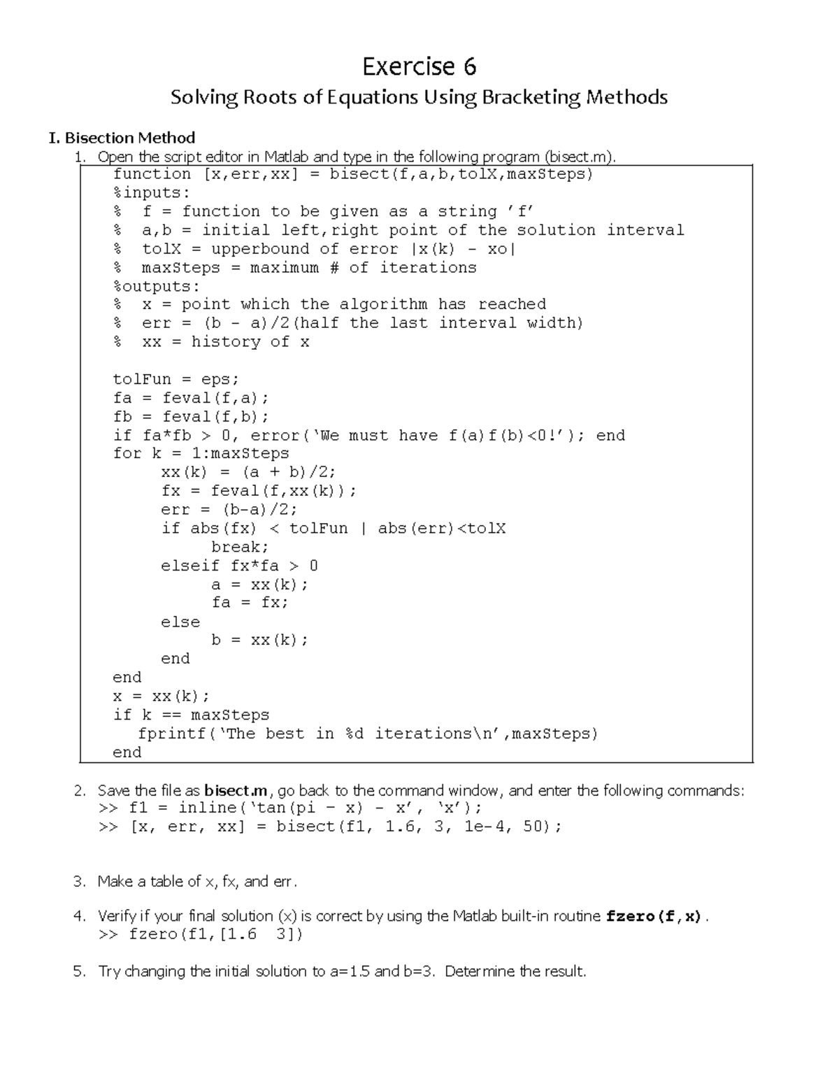 MEng501 Ex6 - Bracketing Methods - Exercise 6 Solving Roots of Equations Using Bracketing ...