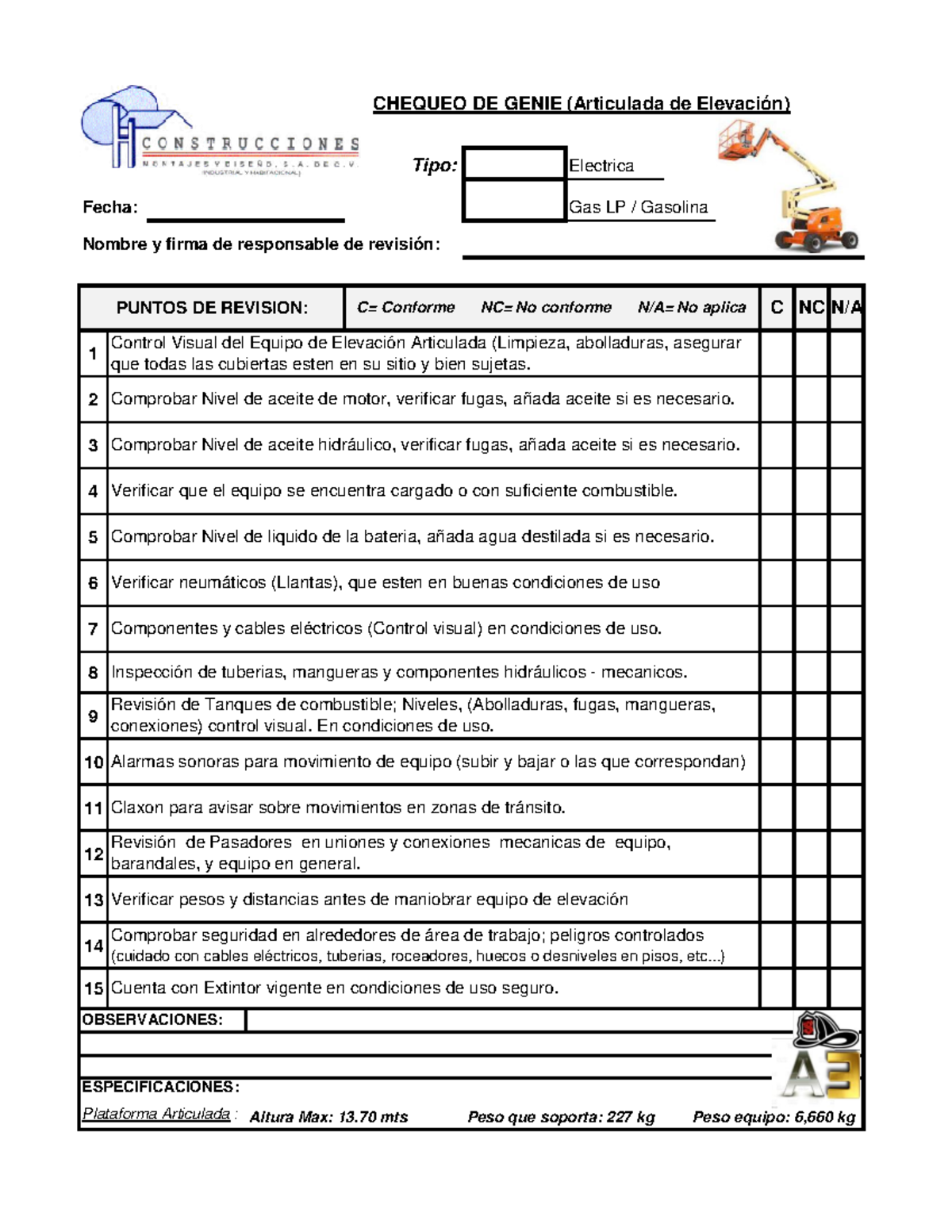 Check LIST Plataforma de Elevacion Articulada TIPO (Jirafa) Julio 2023 ...