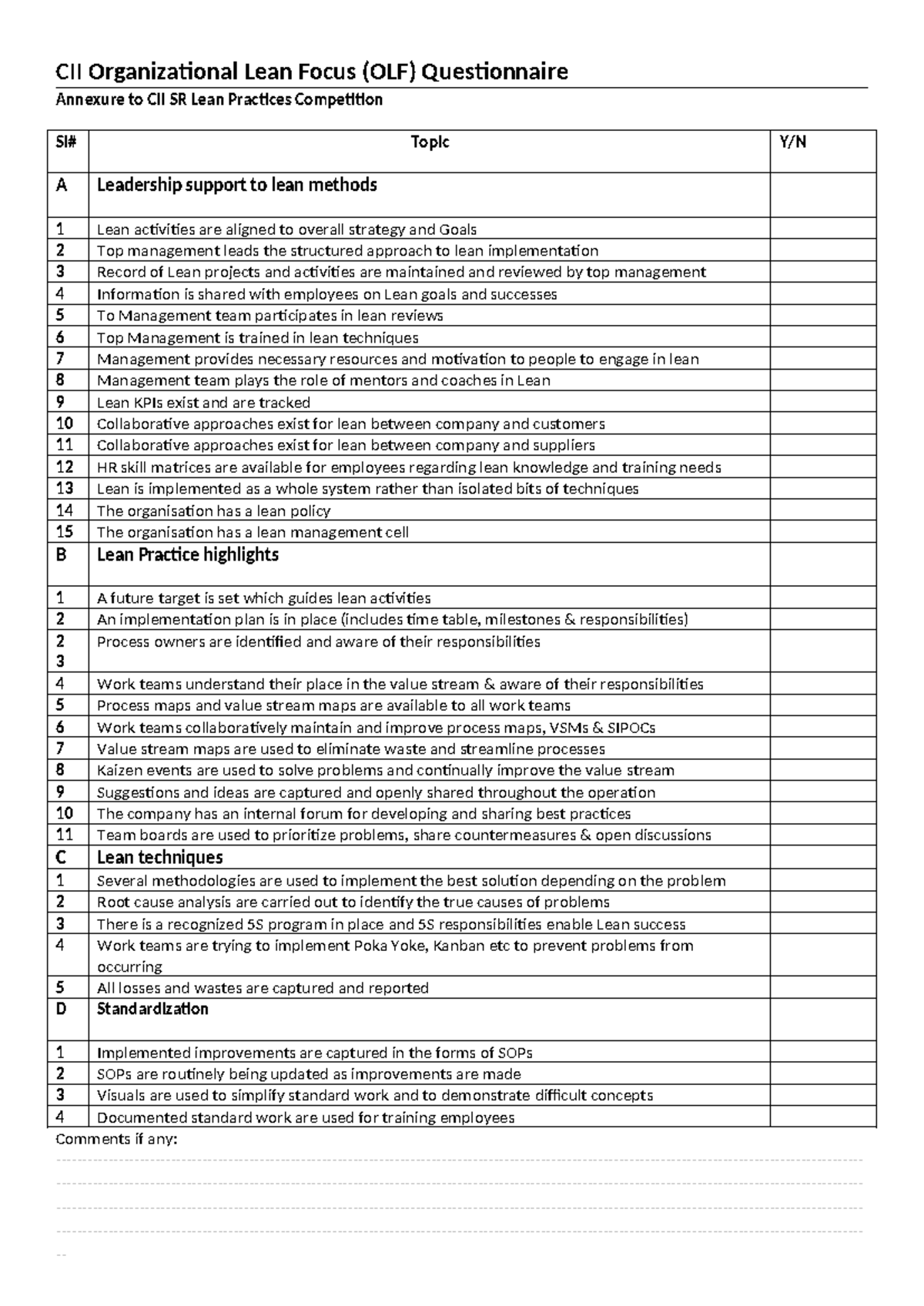 Lean Focus Questionnaire - CII Organizational Lean Focus (OLF ...
