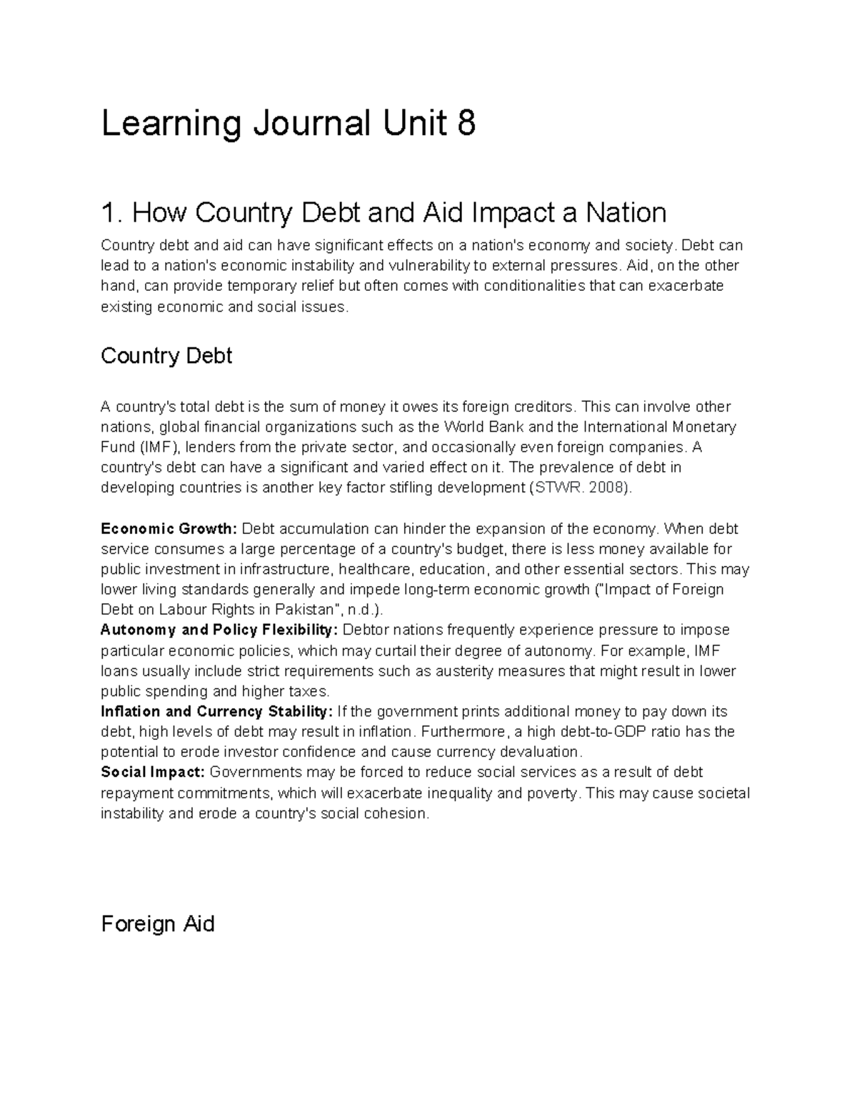 Learning Journal Unit 8 - How Country Debt and Aid Impact a Nation ...