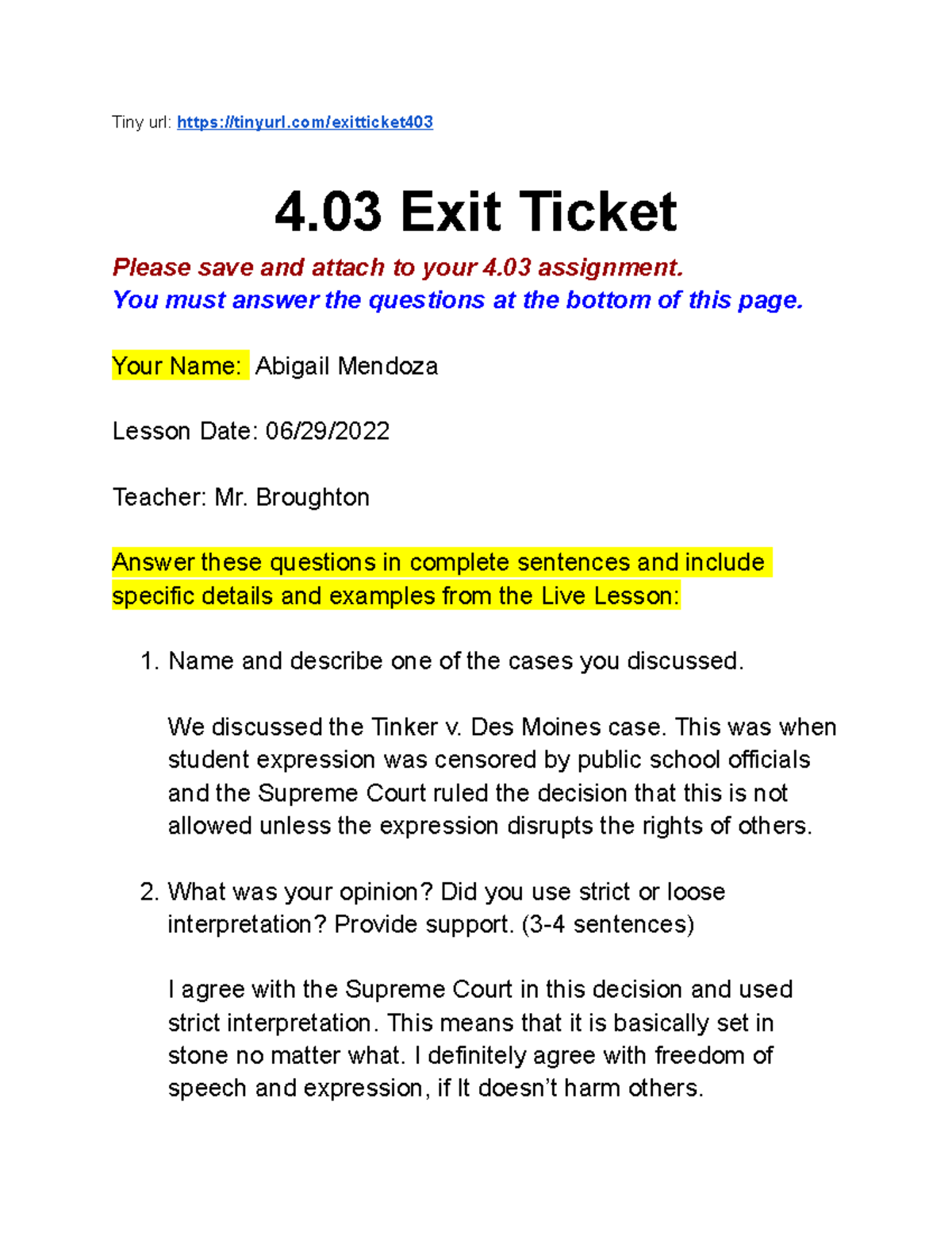 4.03 Live Lessson US Gov - Tiny url: tinyurl/exitticket 4 Exit Ticket ...