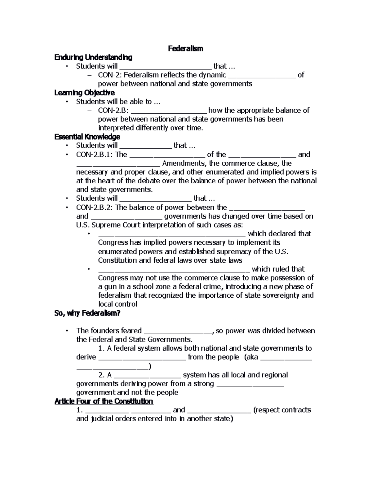 2023 Federalism Notes - Federalism Enduring Understanding Students will