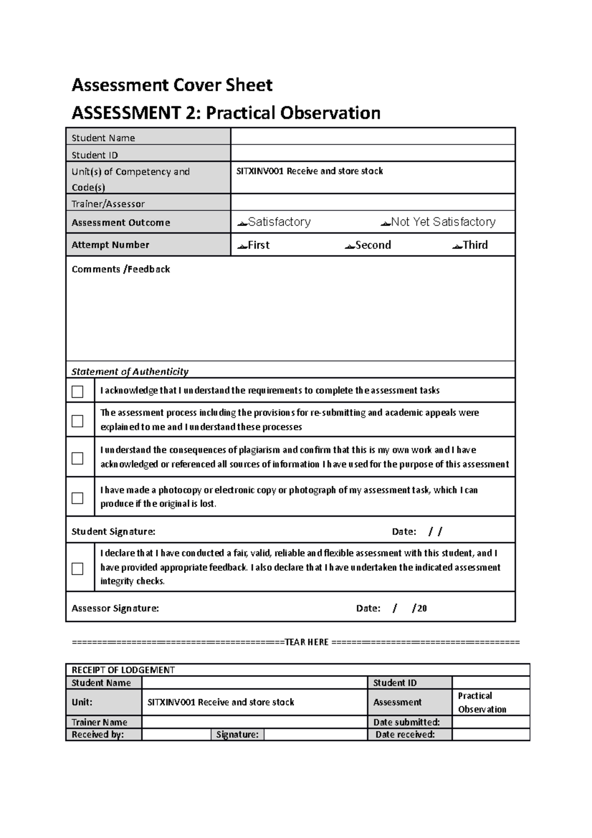 Sitxinv 001 - VCI - Practical Observation (1) (3)n - Assessment Cover ...