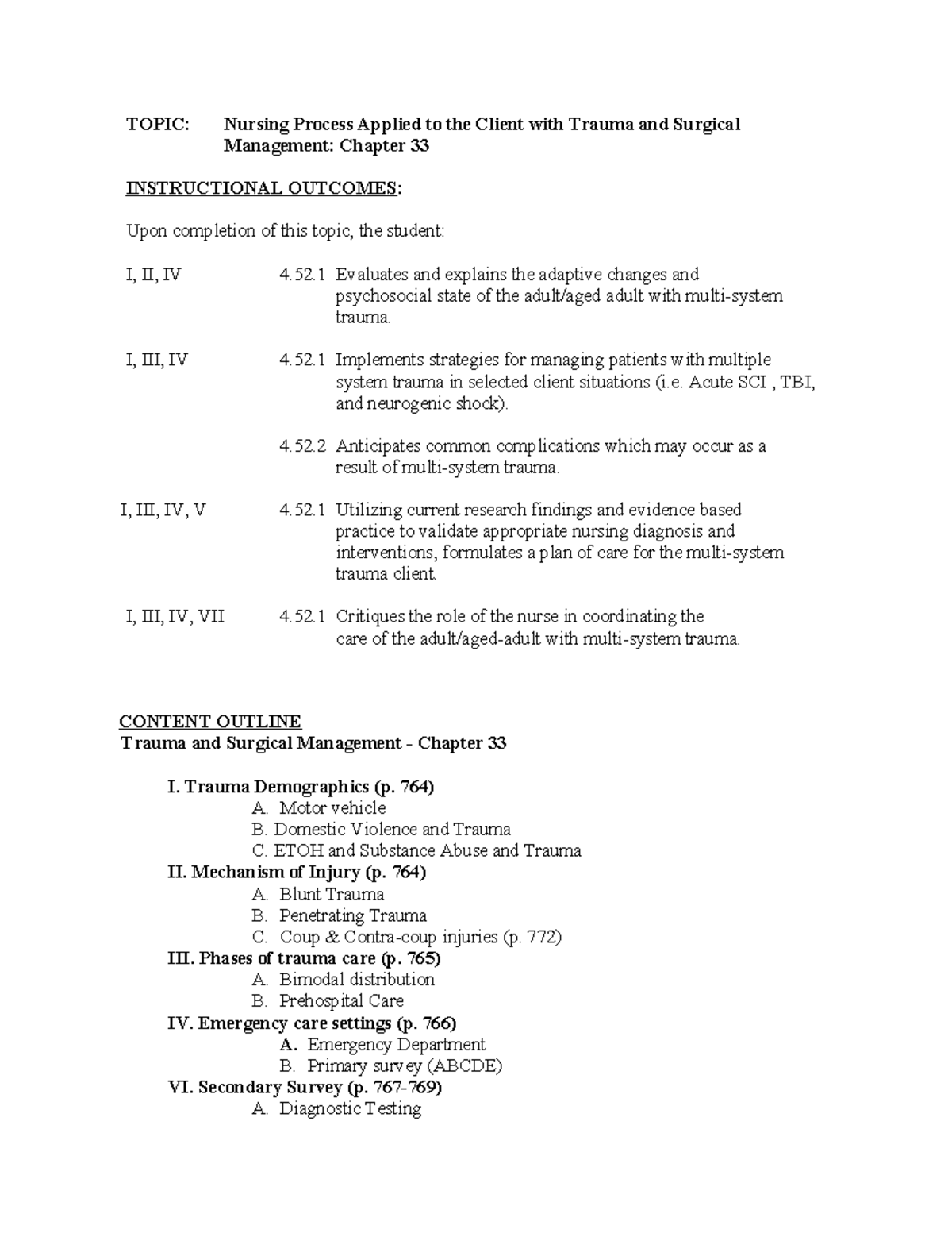 Trauma Readings and Outline - TOPIC: Nursing Process Applied to the ...