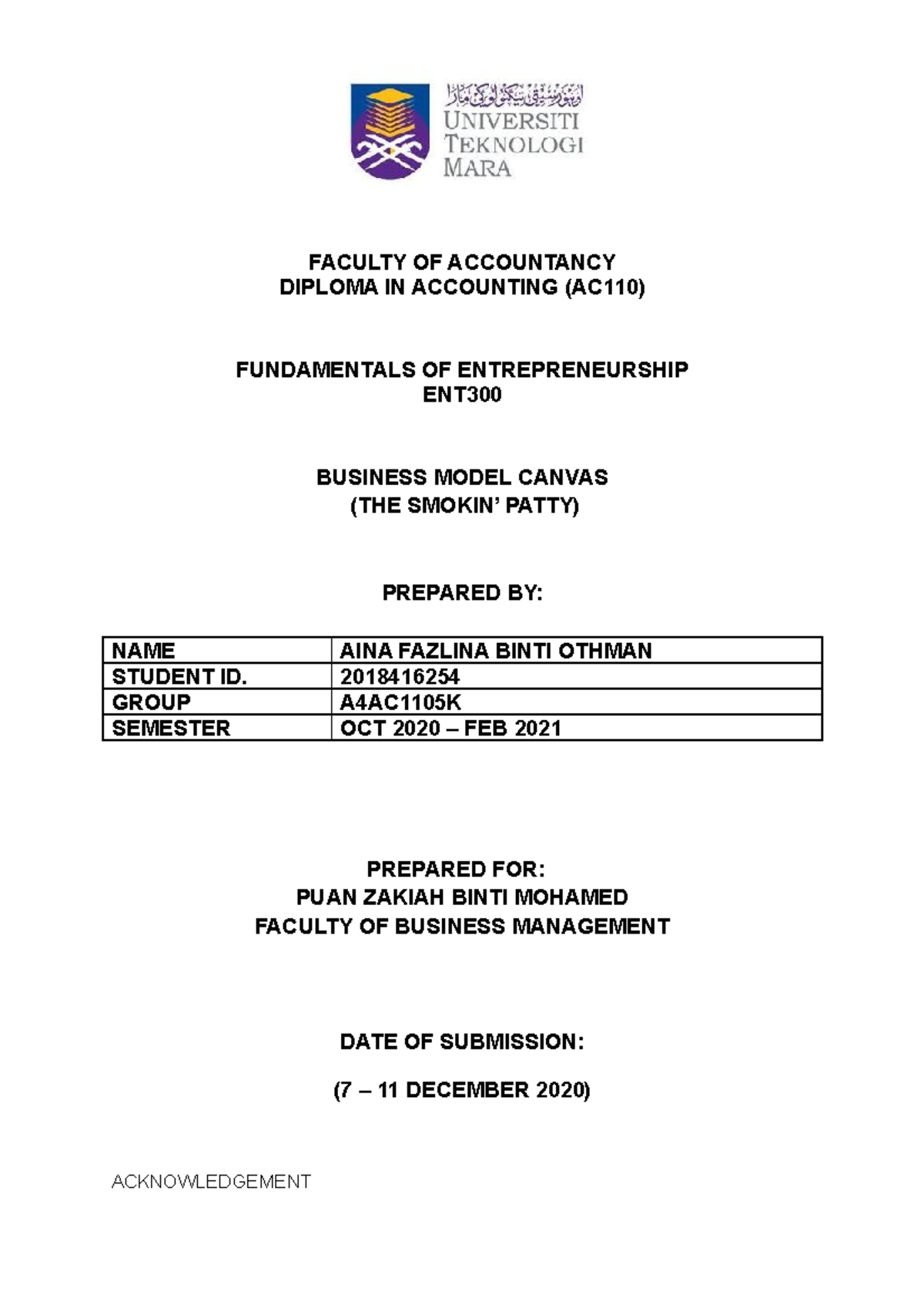 BMC Report Part 5 - FACULTY OF ACCOUNTANCY DIPLOMA IN ACCOUNTING (AC110 ...