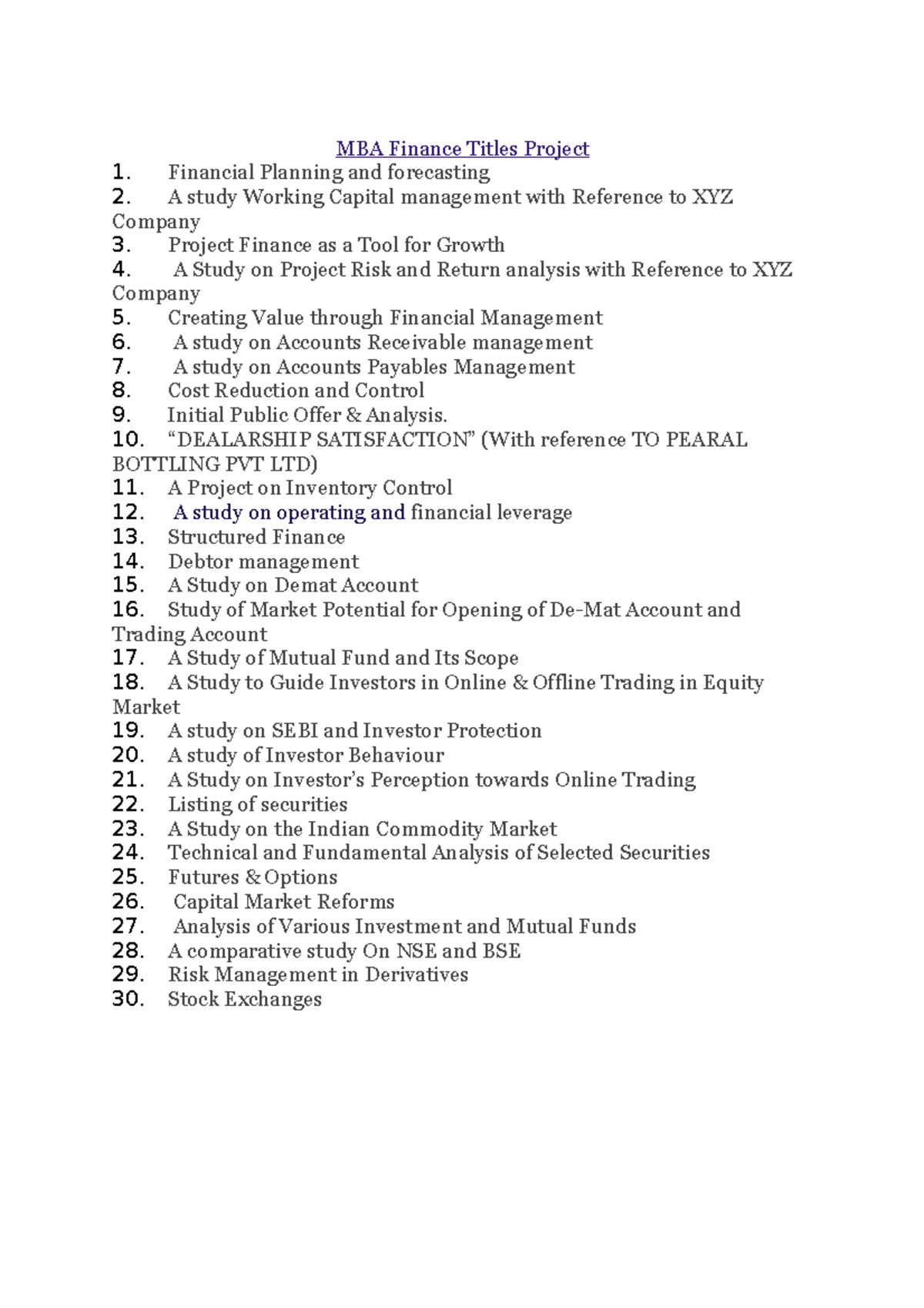 MBA projects - MBA Finance Titles Project Financial Planning and ...