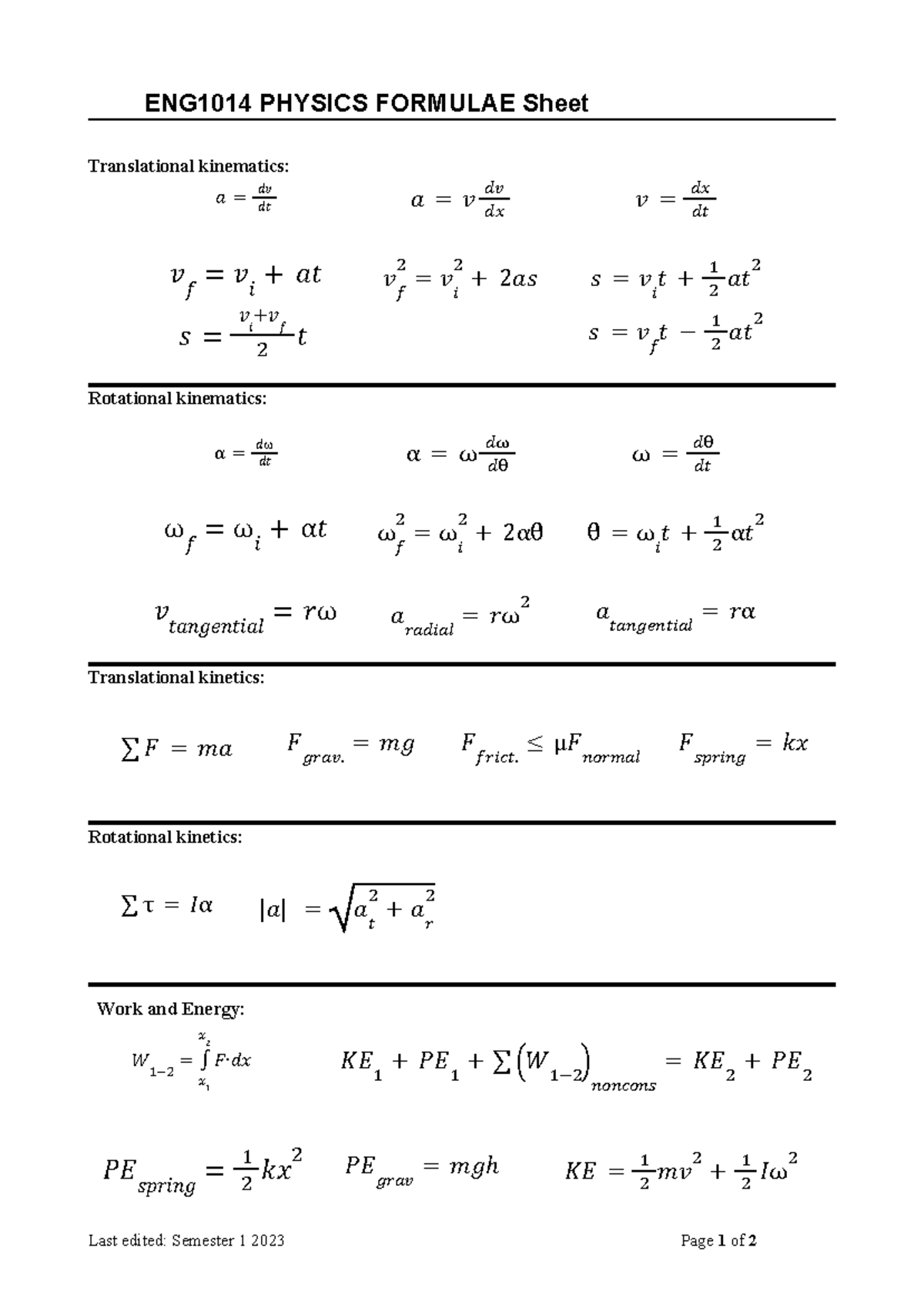 ENG1014 Formulae Physics - ENG1014 PHYSICS FORMULAE Sheet Translational ...