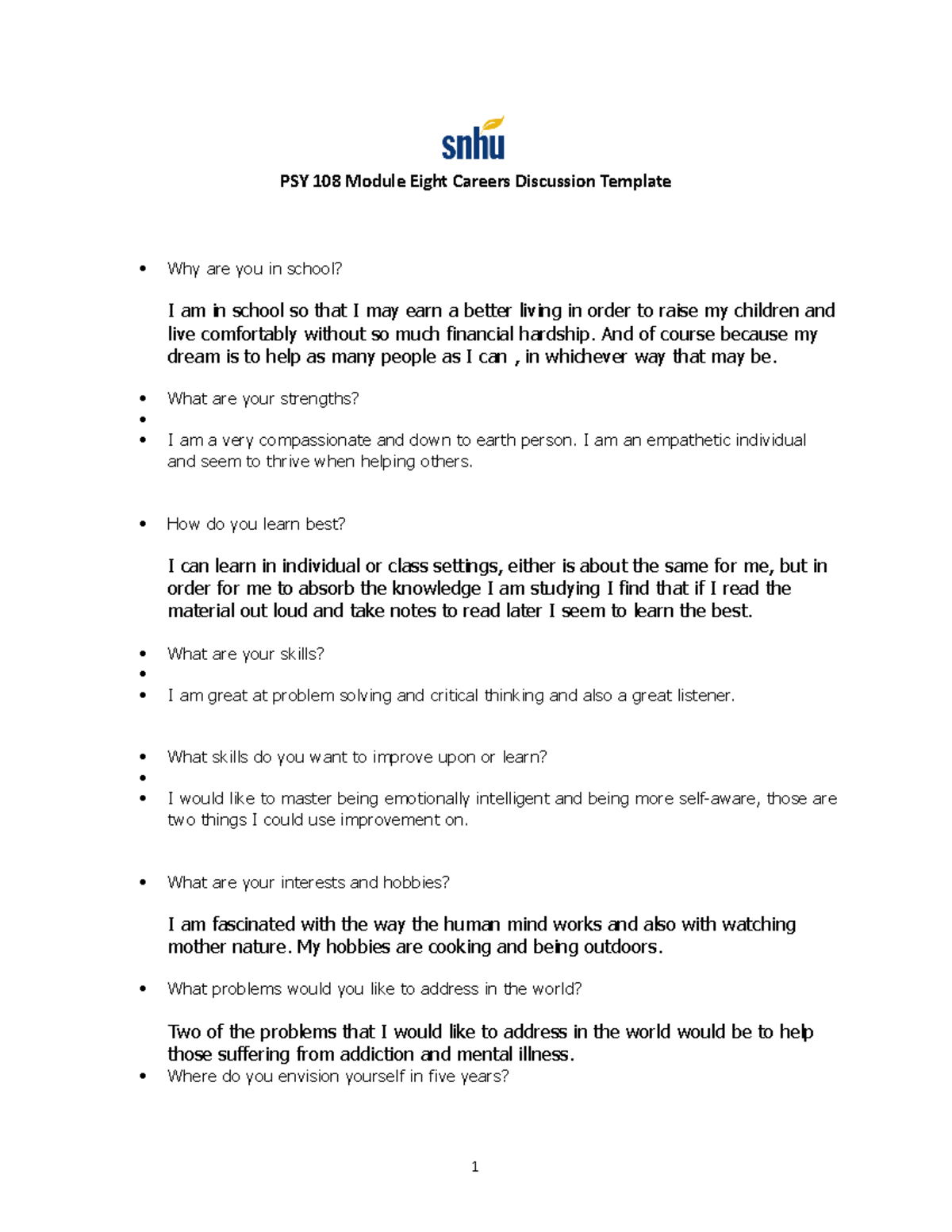 PSY 108 Module Eight Careers Discussion Template - And of course ...
