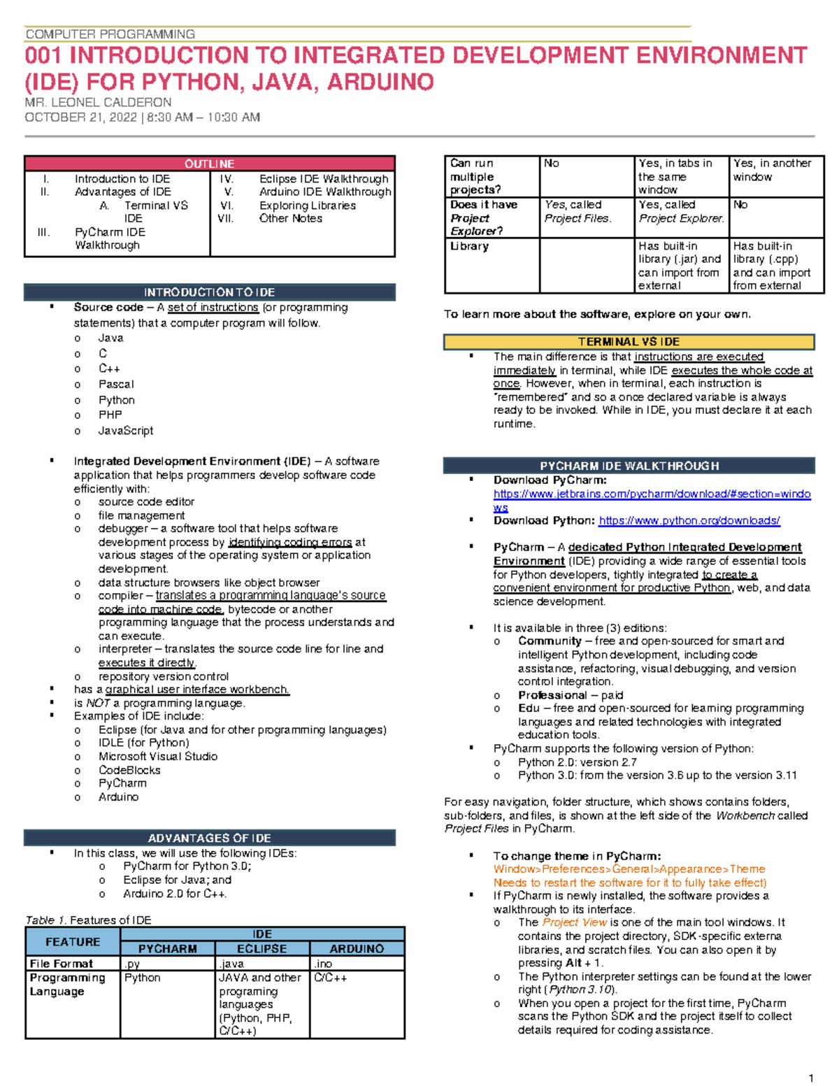 Integrated Development Environment - COMPUTER PROGRAMMING 001 INTRODUCTION TO INTEGRATED ...