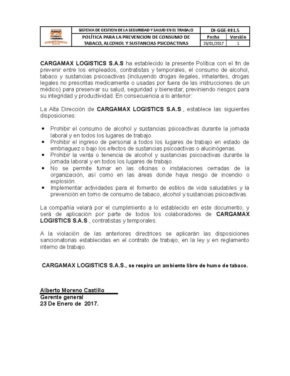 DI-GGE-001.5 Politica DE Prevencion Tabaco, Alcohol - SISTEMA DE ...