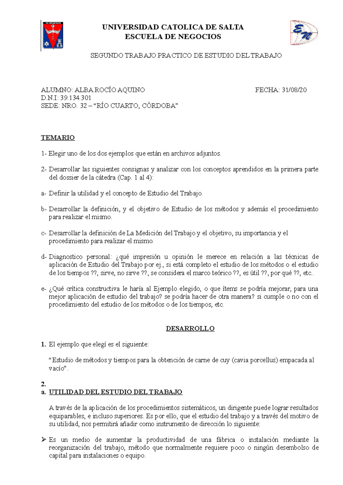 Trabajo Practico NRO 2 Estudio DEL Trabajo DE LA Alumna ALBA Rocio ...