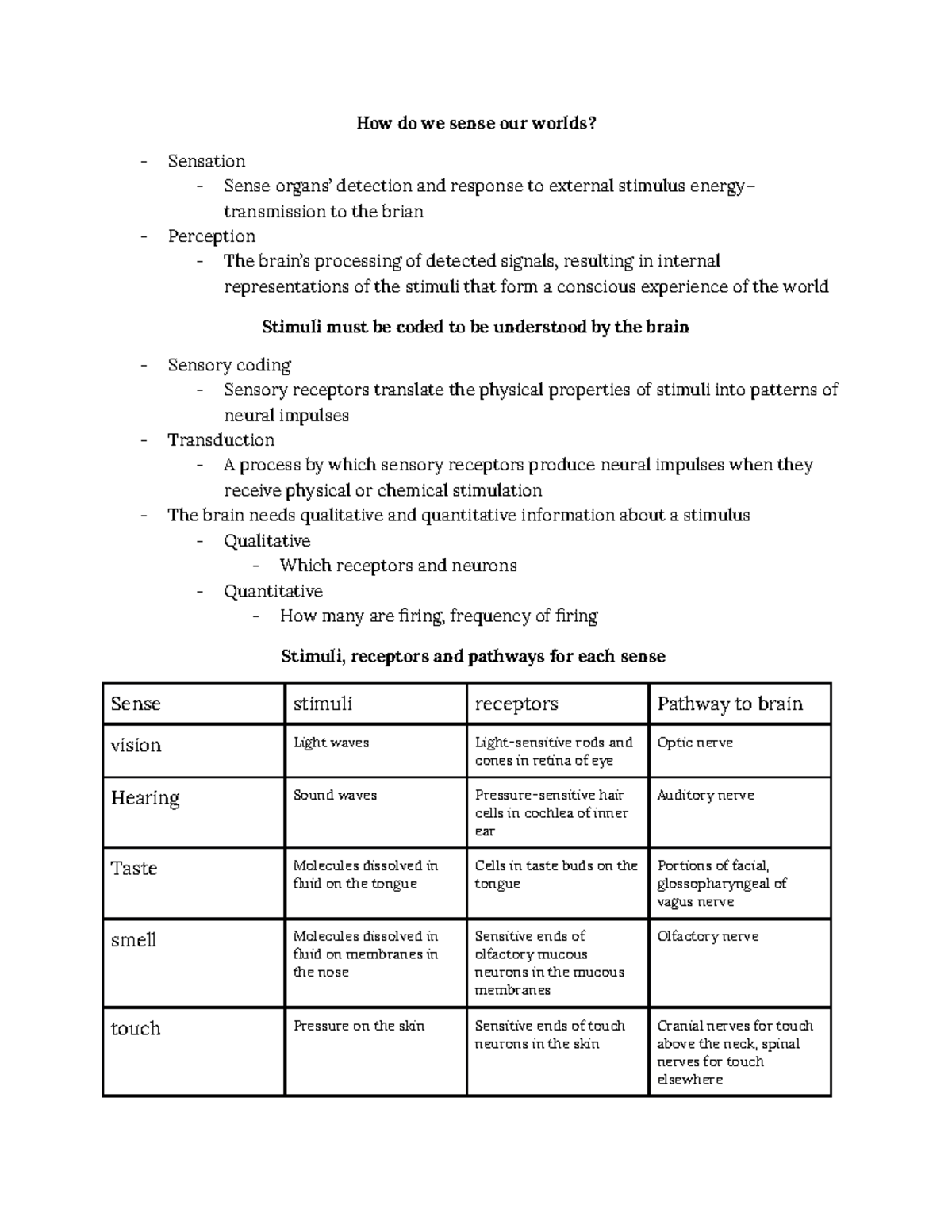 5- Sensation and perception - How do we sense our worlds? Sensation ...