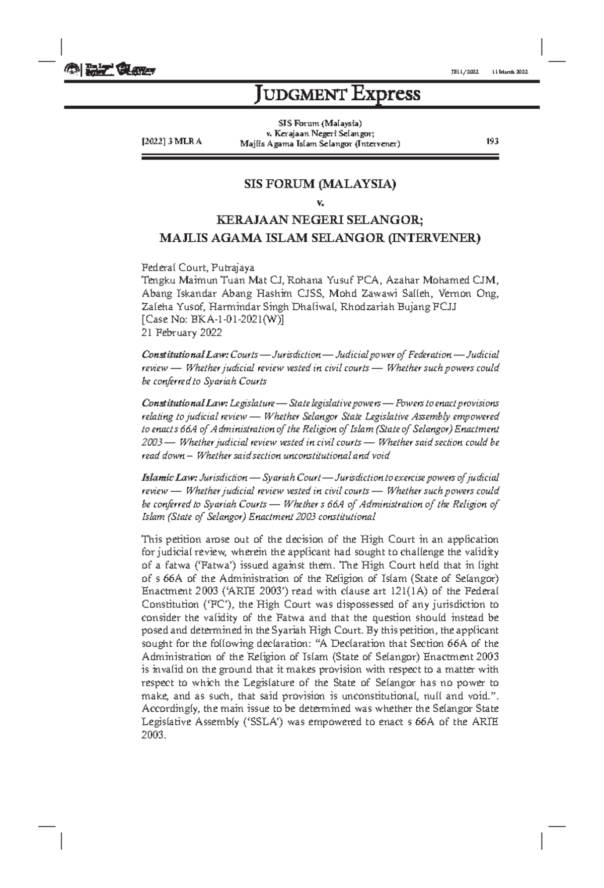 SIS Forum V Kerajaan Negeri Selangor - SIS Forum (Malaysia) v. Kerajaan ...