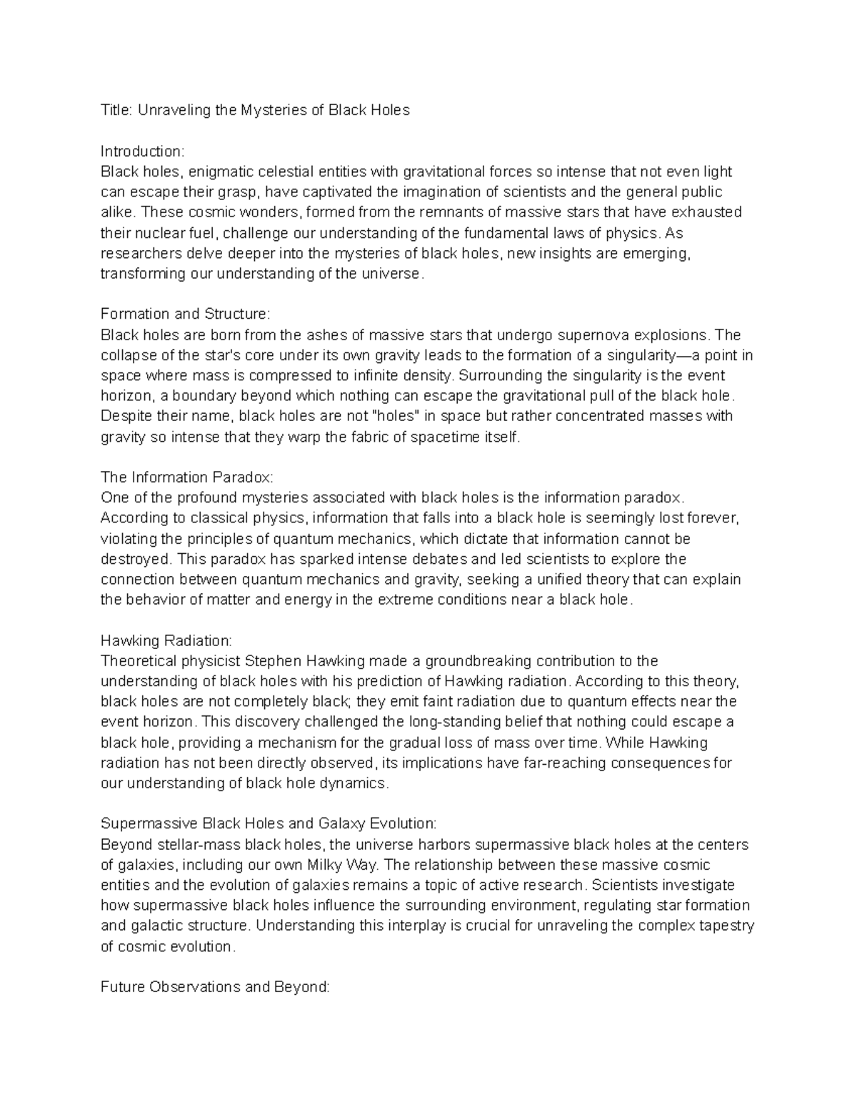 Title Unraveling the Mysteries of Black Holes - Title: Unraveling the ...