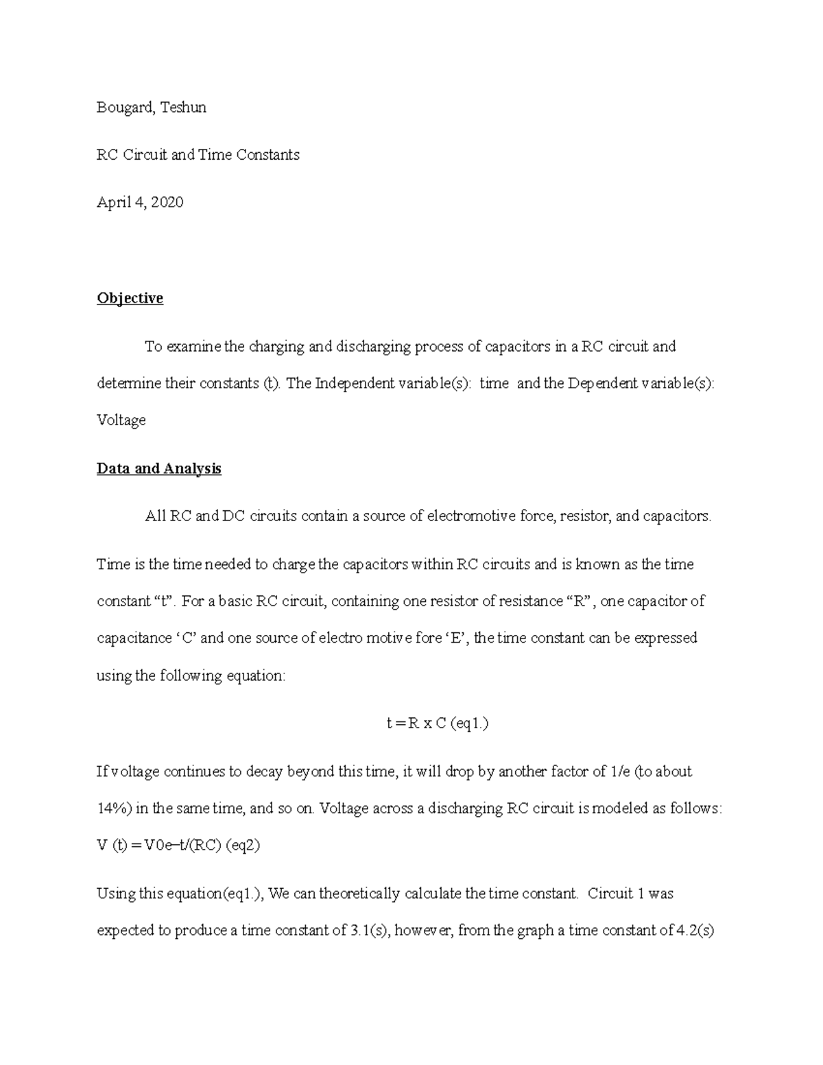 RC circuit Report - Lab R - Bougard, Teshun RC Circuit and Time ...