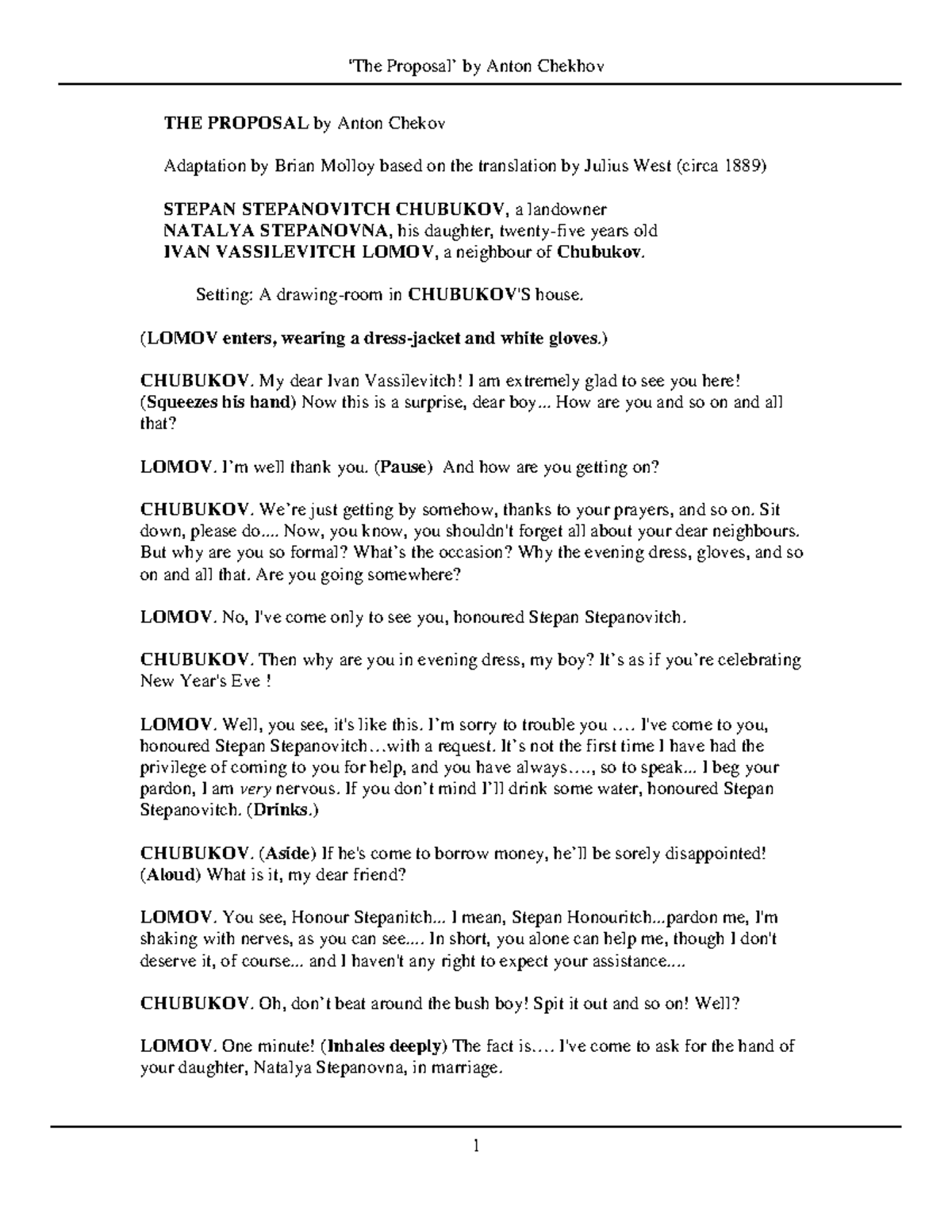 The Proposal by Anton Chekhov - THE PROPOSAL by Anton Chekov Adaptation ...