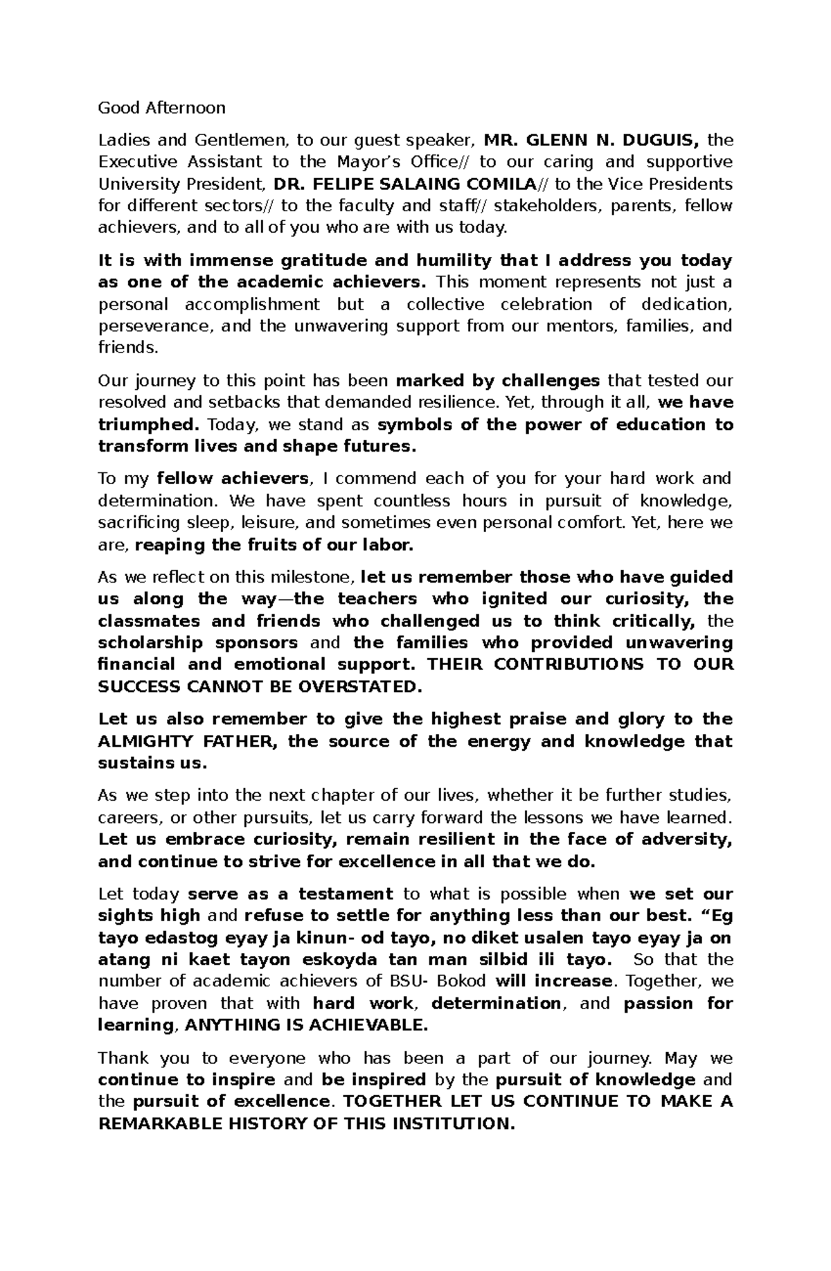 Response-Speech - sample of response speech - Good Afternoon Ladies and ...