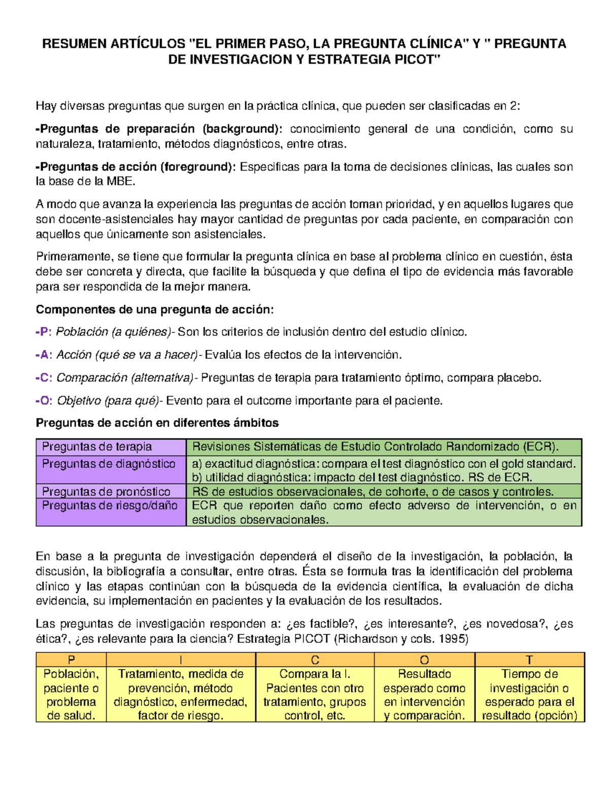 Resumen Artículos EL Primer PASO, LA Pregunta Clínica Y Estrategia ...
