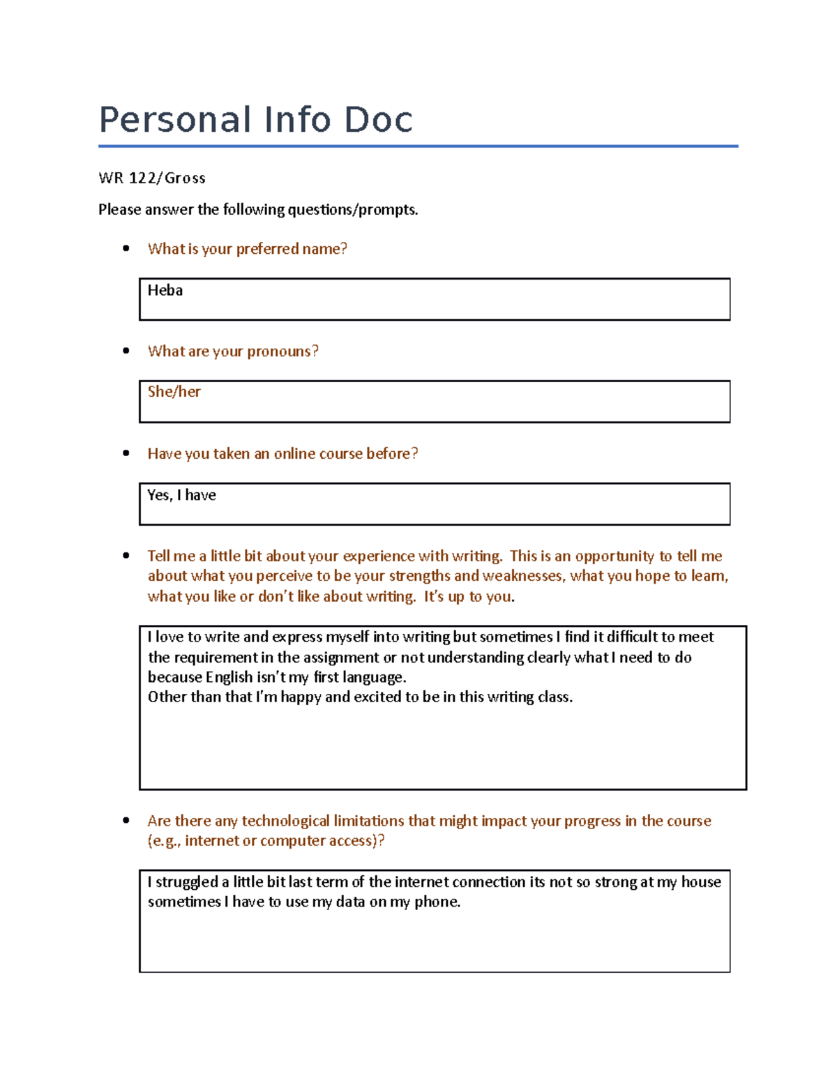 Personal Info Doc - Assignment about me. - Personal Info Doc WR 122 ...