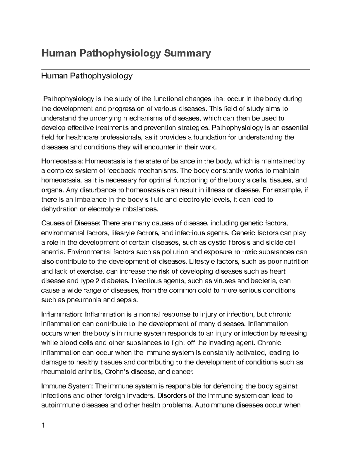 Human Pathophysiology Summary - This field of study aims to understand ...
