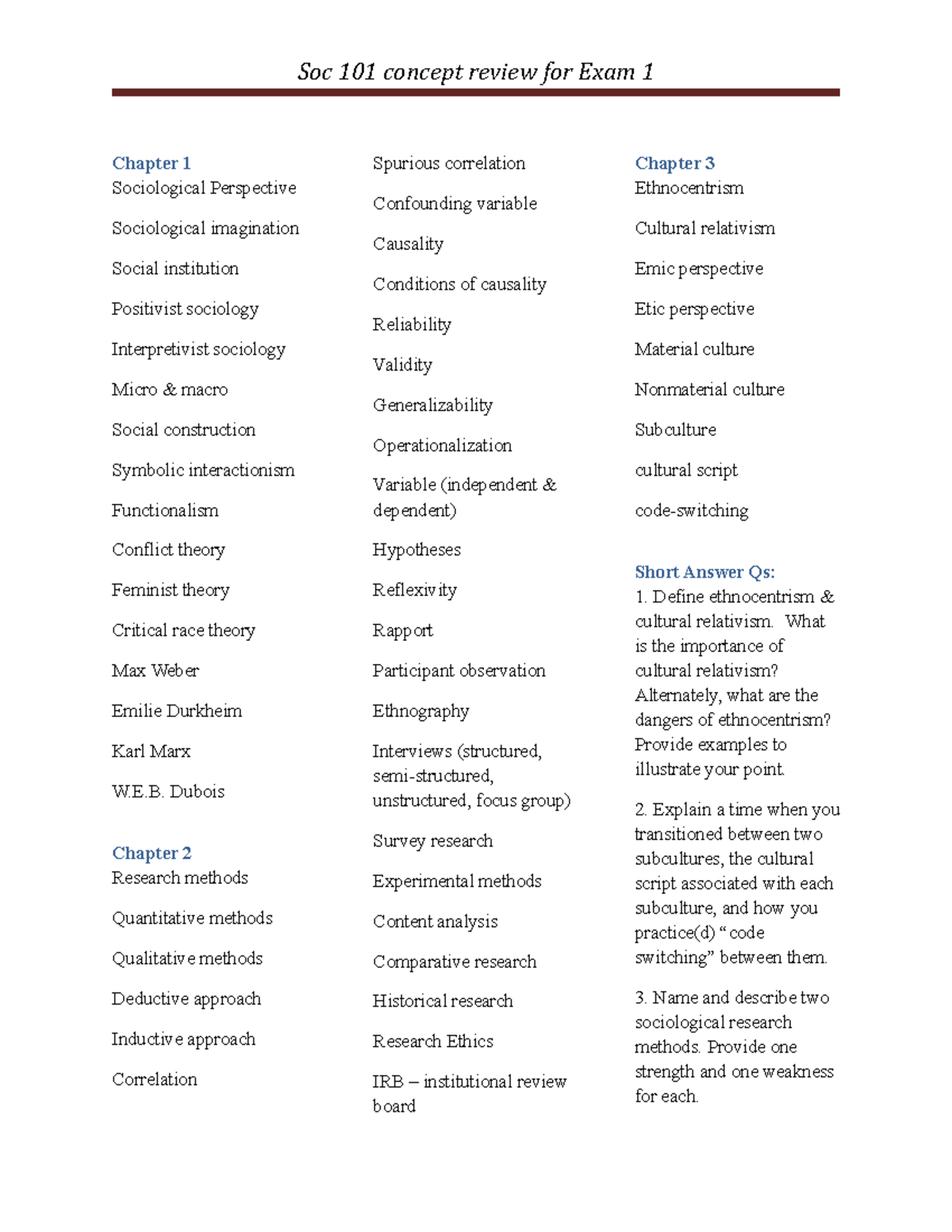 Exam 1 Study Guide Sociological Theory SOCI 1110 Worksheet homework ...