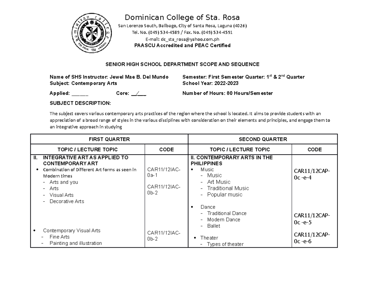 Scope+AND+ Sequence CPAR - Dominican College of Sta. Rosa San Lorenzo ...