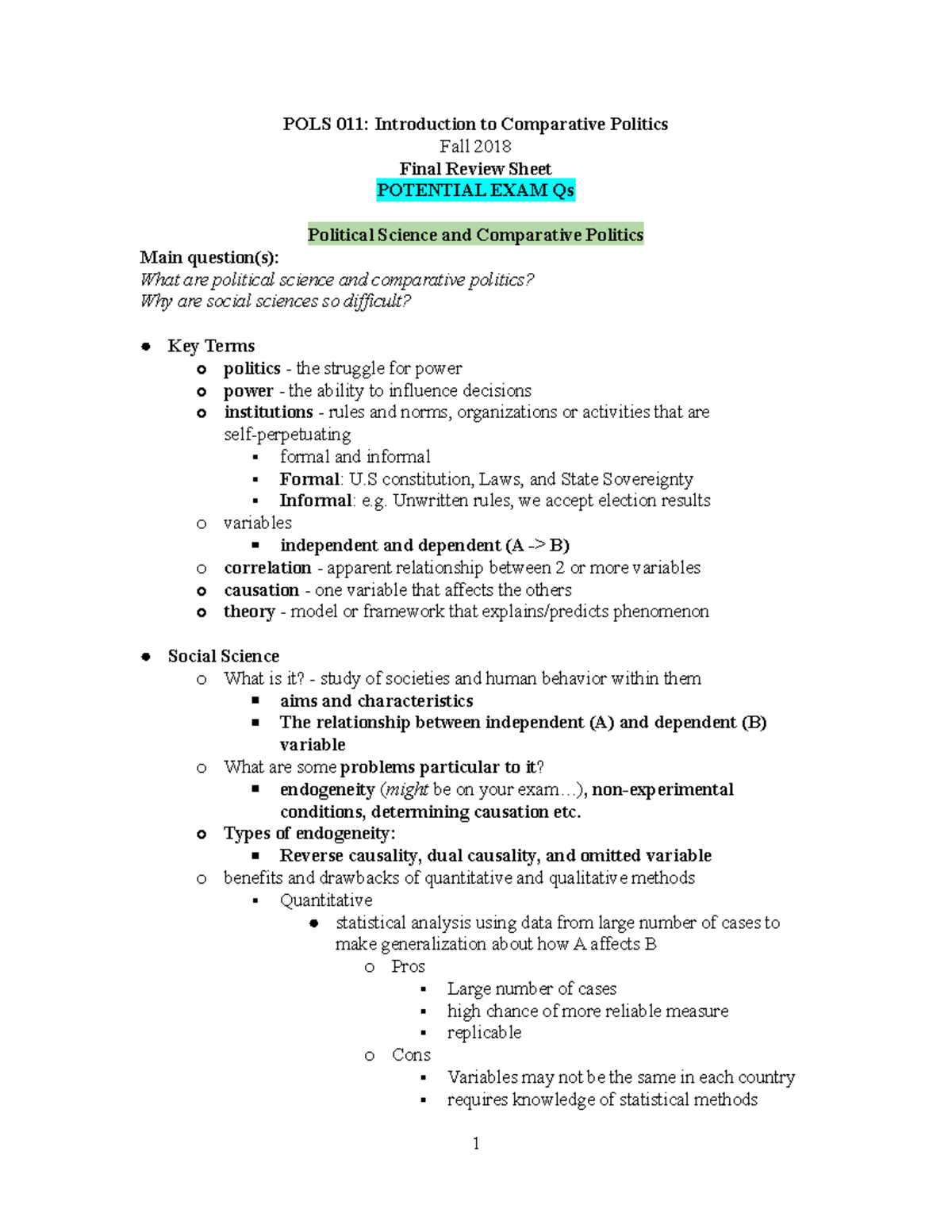 POLS 011 Final Exam Review Study Guide - POLS 011: Introduction to ...