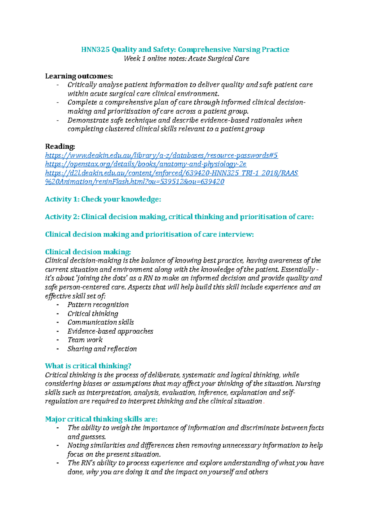 Week 1 notes - HNN325 Quality and Safety: Comprehensive Nursing ...