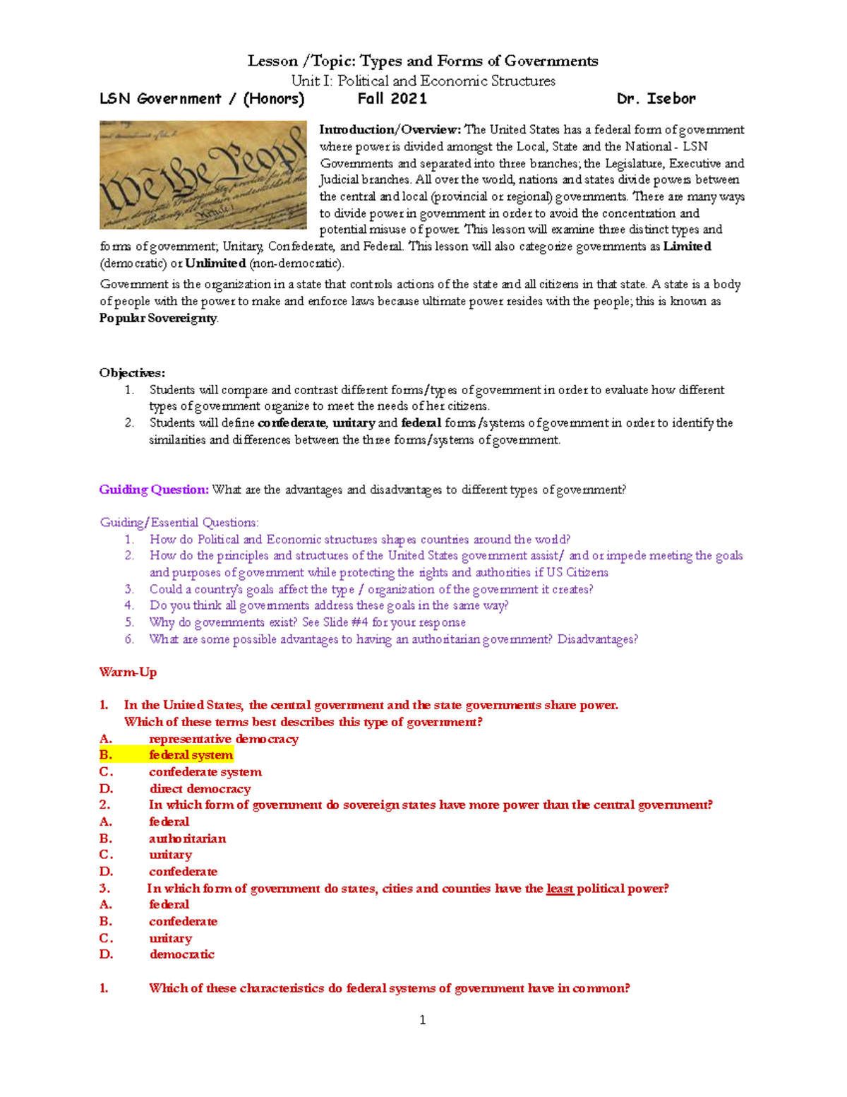 Forms Types Systems OF Governmnets-FALL 2021 - Unit I: Political and ...