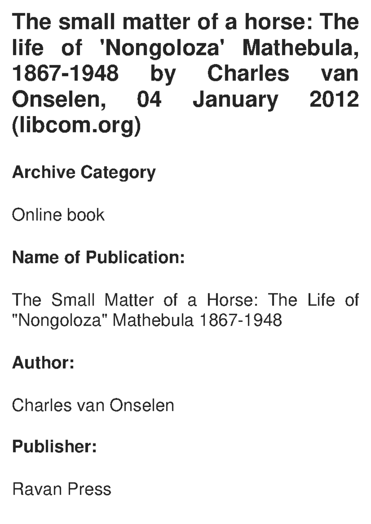 HIST 223 The small matter of a horse BY Rio - The small matter of a ...