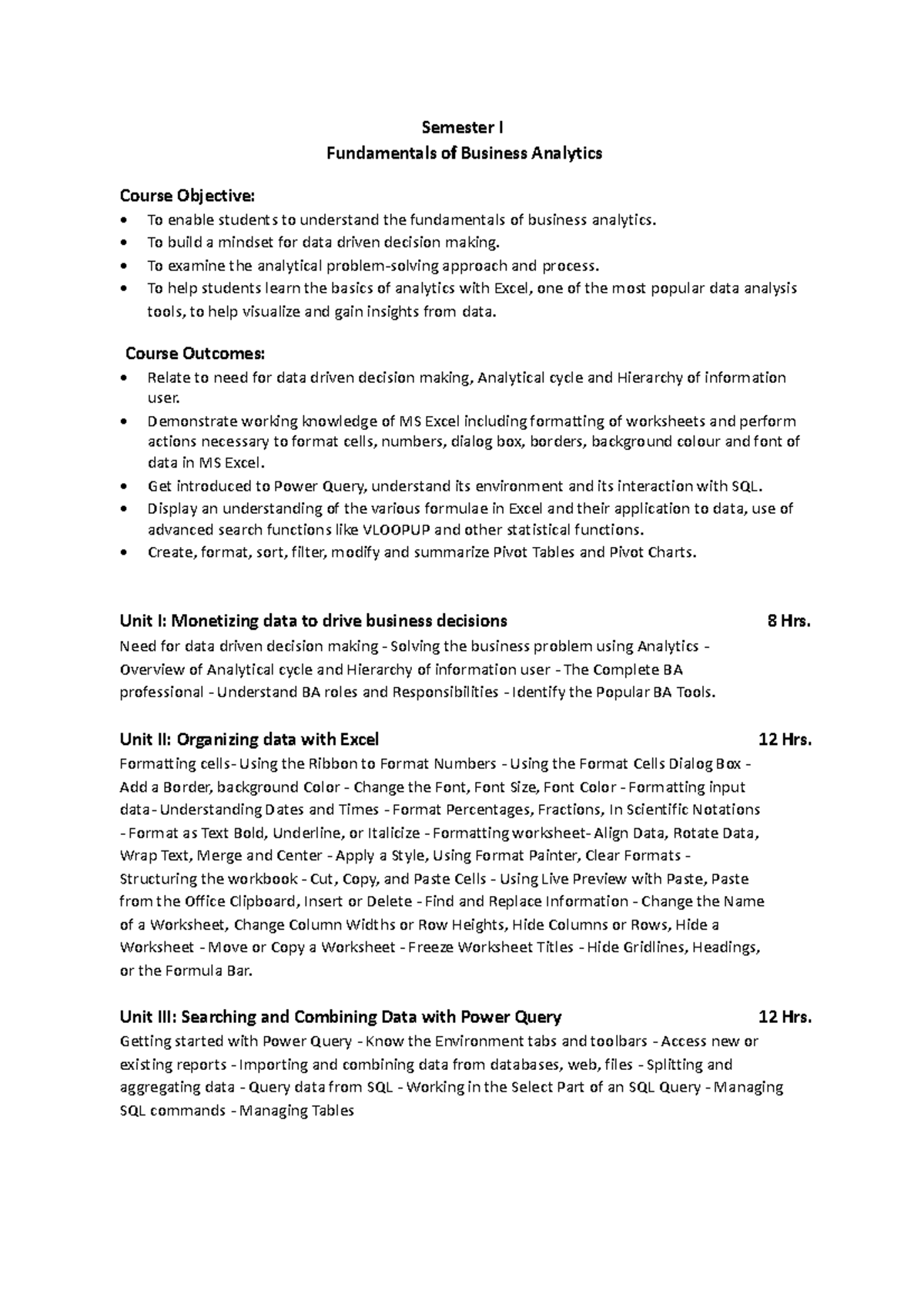 Syllabus - Semester I Fundamentals of Business Analytics Course ...