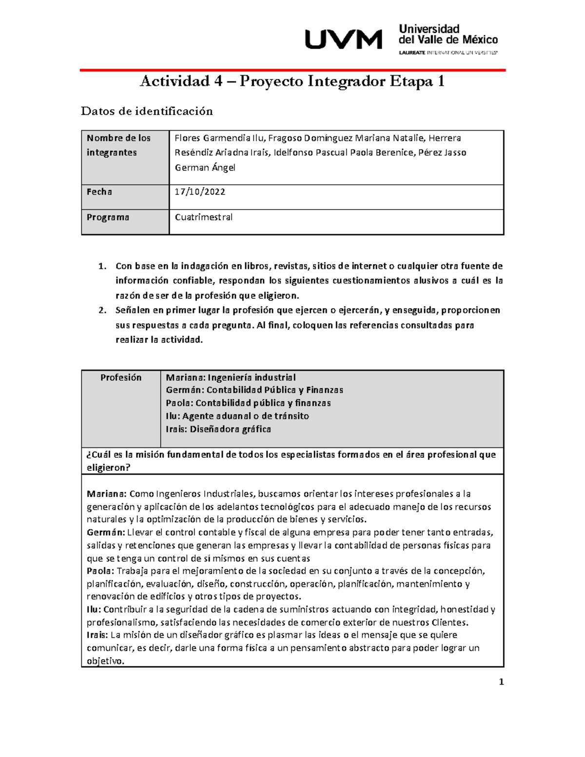 A4 GAPJ - Actividad 4 - Actividad 4 – Proyecto Integrador Etapa 1 Datos de identificación Nombre ...