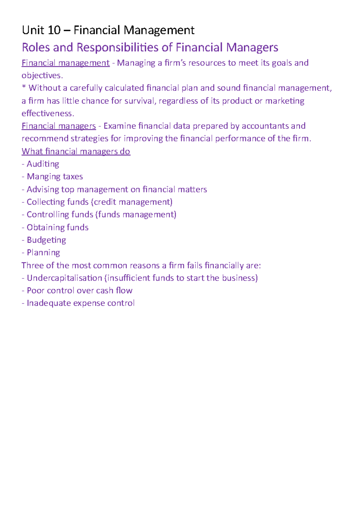 Unit - 10 - Notes to study for tests and exams - Unit 10 – Financial ...