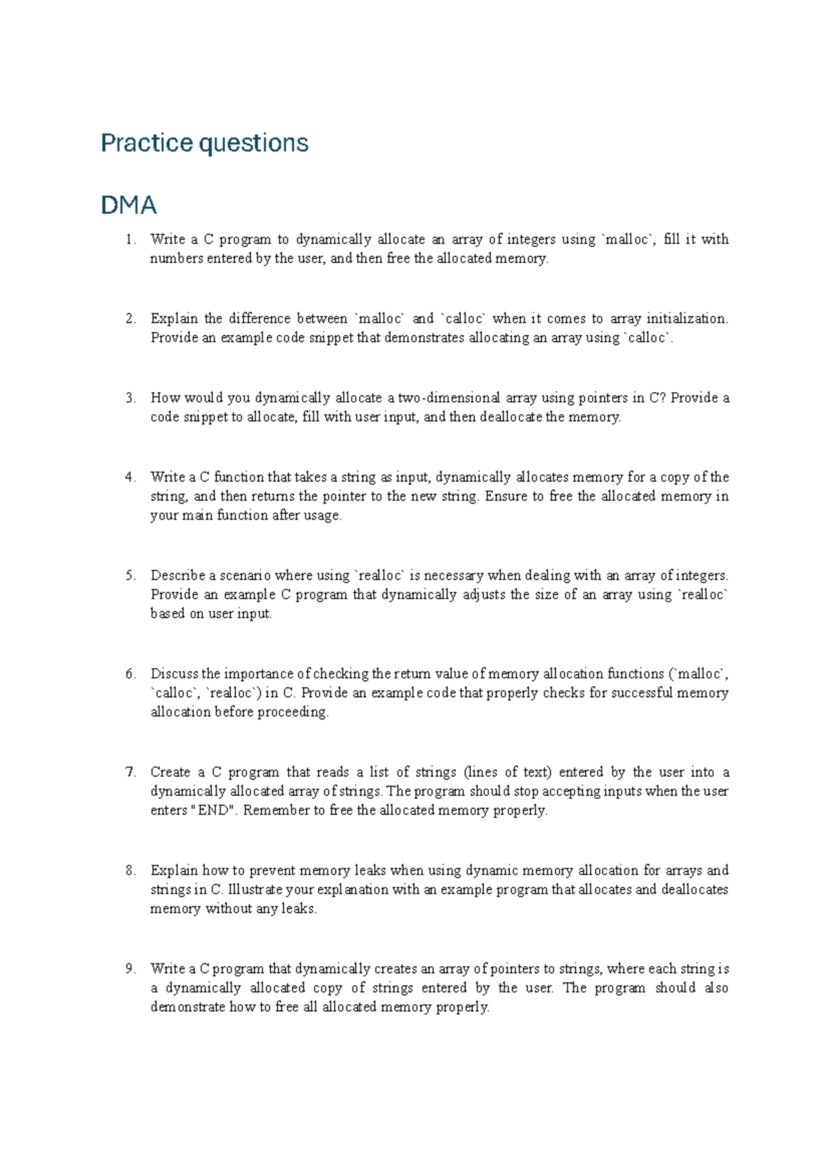 Practice questions in C - Practice questions DMA Write a C program to ...
